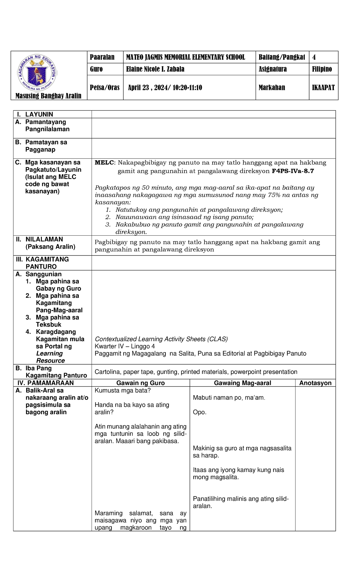 LP-FIL last - Filipino 4 lesson plan - Masusing Banghay Aralin Paaralan ...