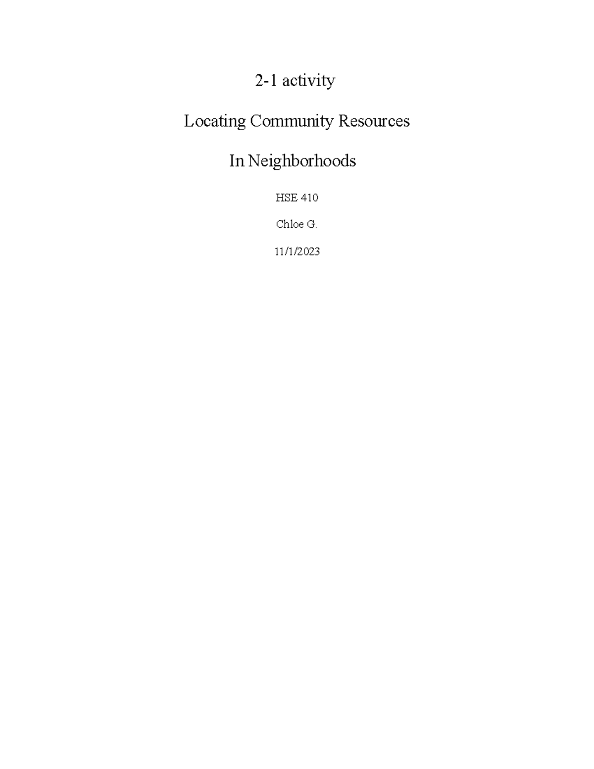 HSE 410 2-1 activity locating community resources - 2-1 activity ...