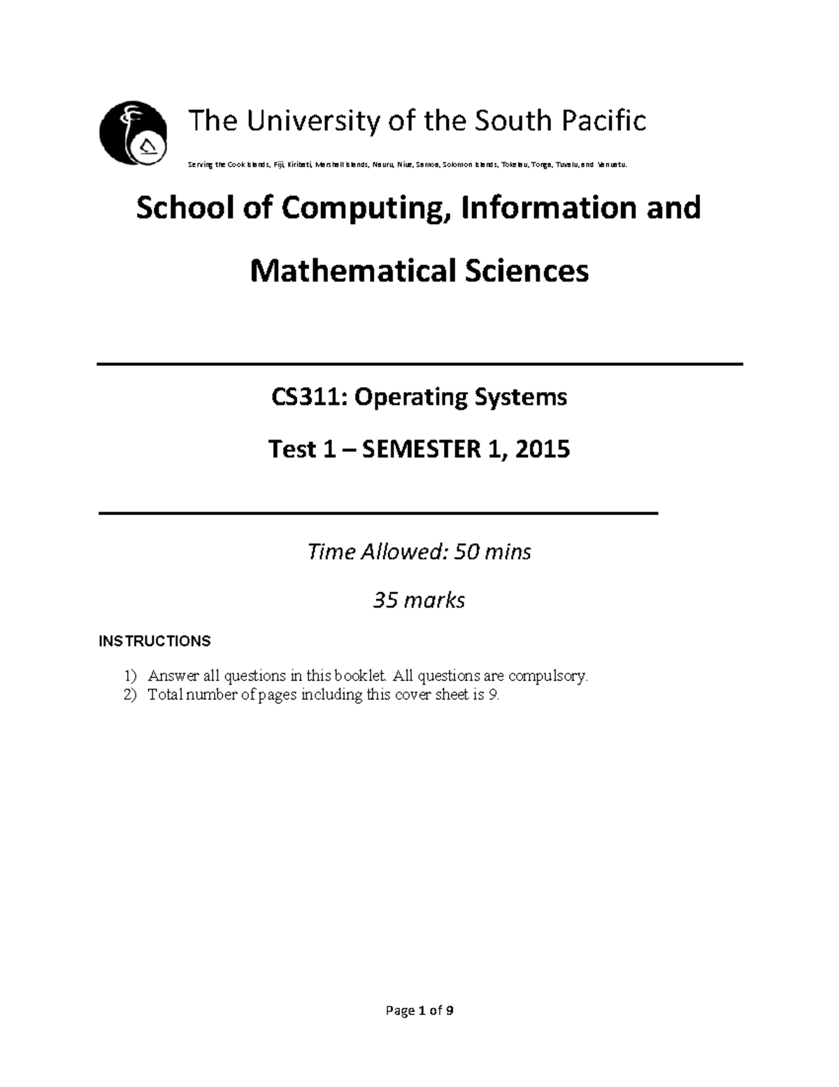 Cs311-Test 1 solution - short test #1 - The University of the South ...