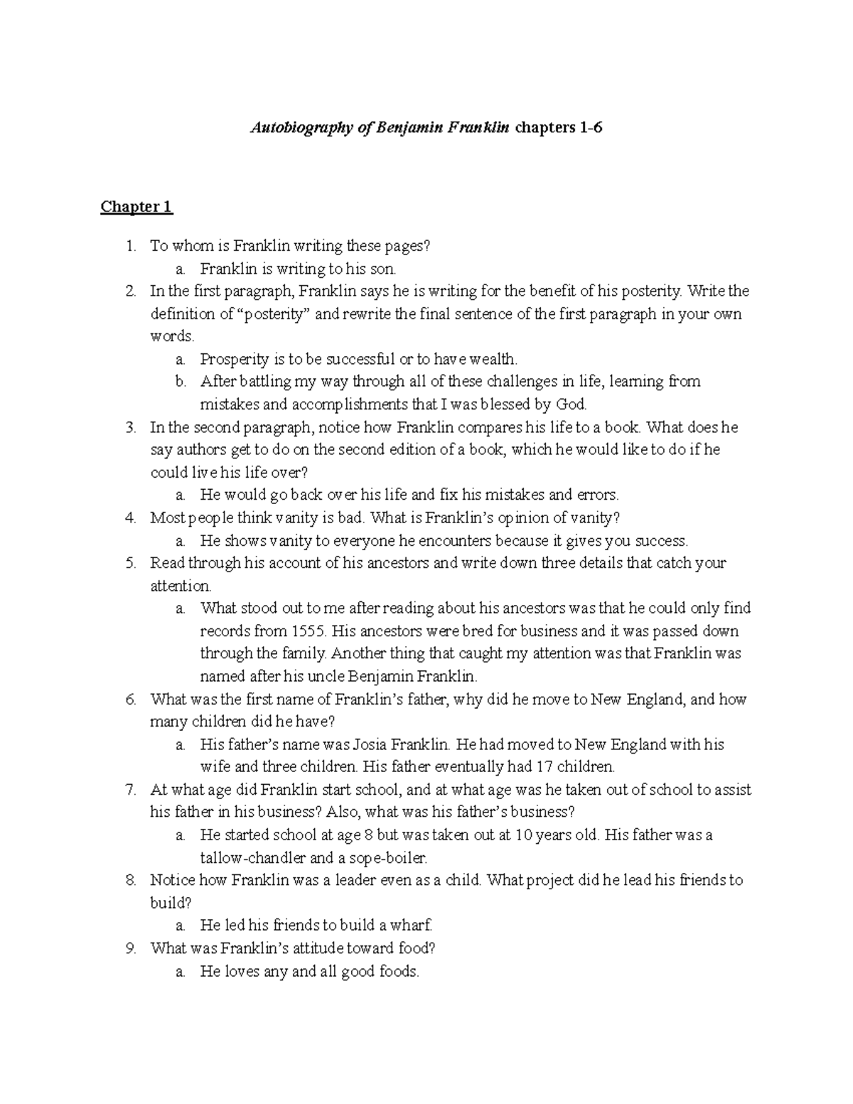 Autobiography of Benjamin Franklin chapters 1-6 - Franklin is writing ...