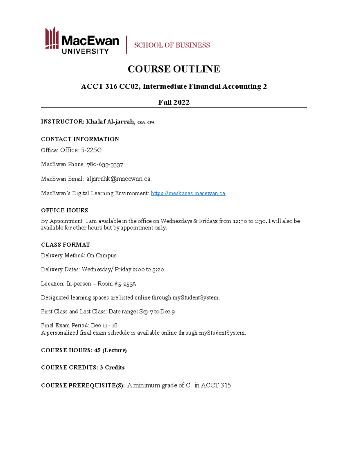 Acct 316 F 22 CC02 M - accounting - COURSE OUTLINE ACCT 316 CC02 ...