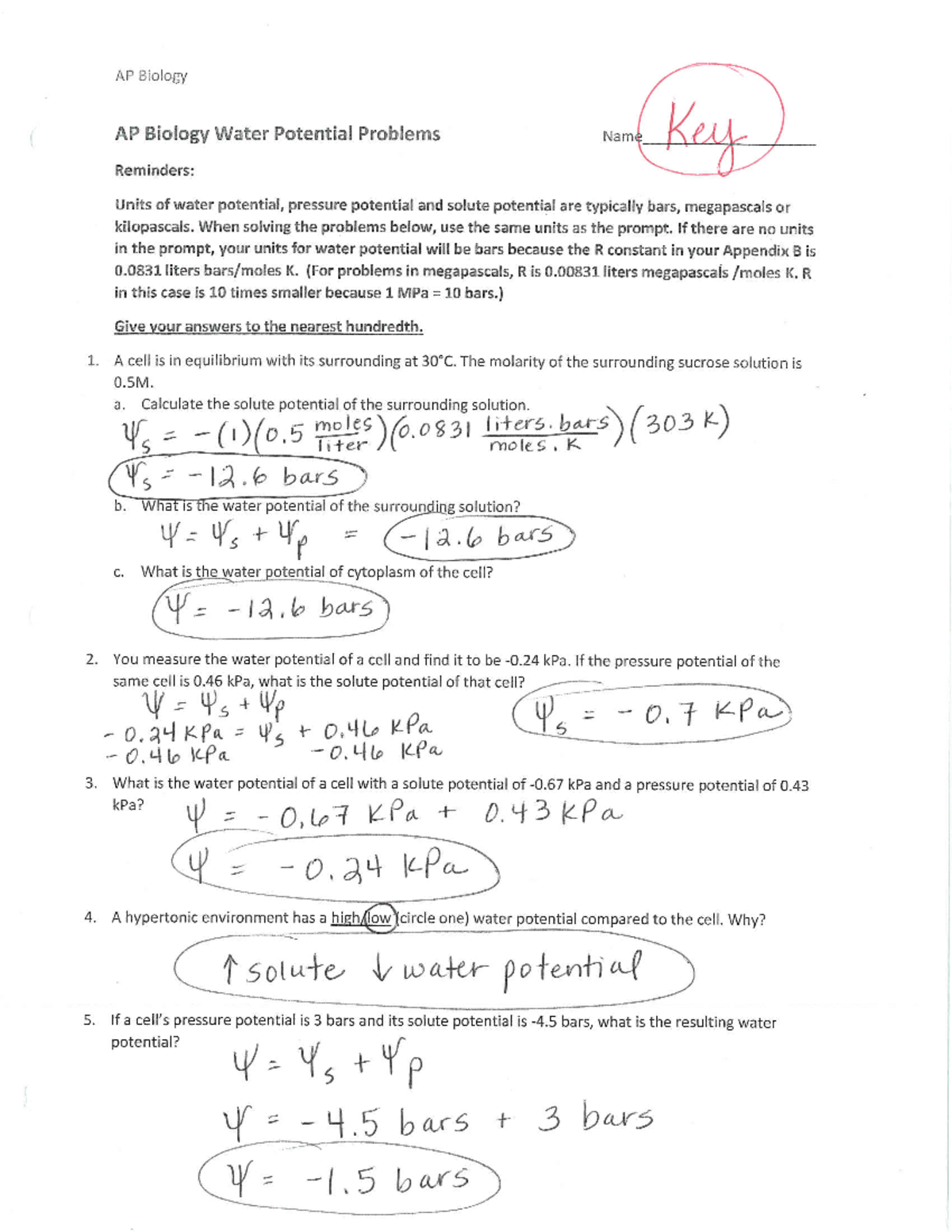 Water Potential Answers - AP Biology AP Biology Water Potential ...