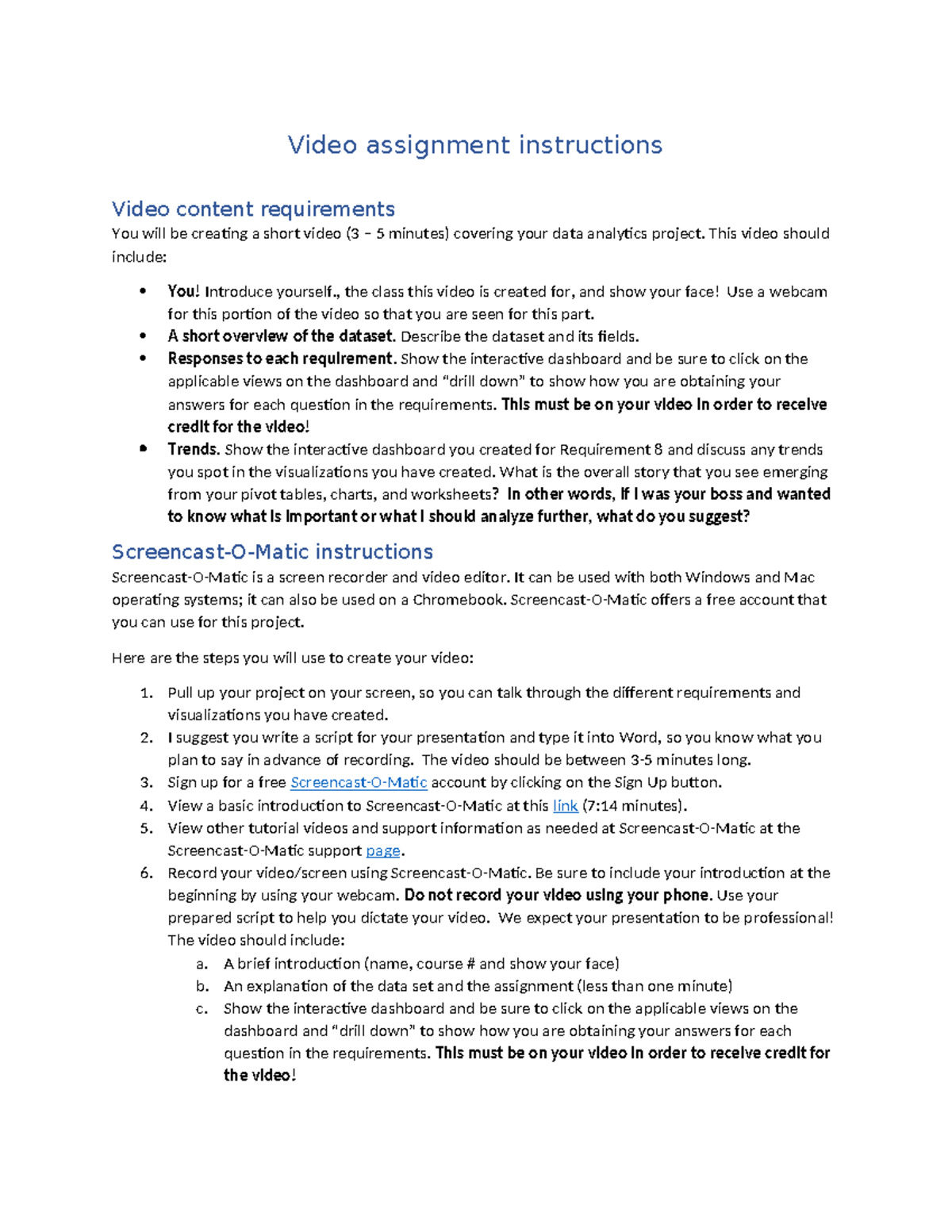 Tableau Video assignment instructions - Video assignment instructions ...