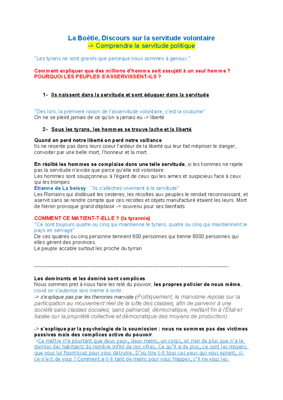 Fiche de lecture La Boétie, Discours sur la servitude volontaire - La ...