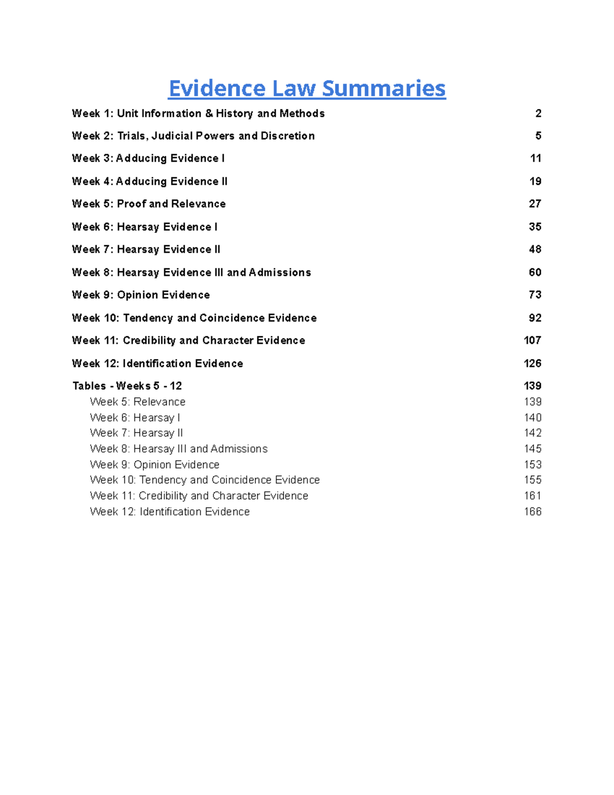 Evidence Summaries - Evidence Law Summaries Week 1: Unit Information ...
