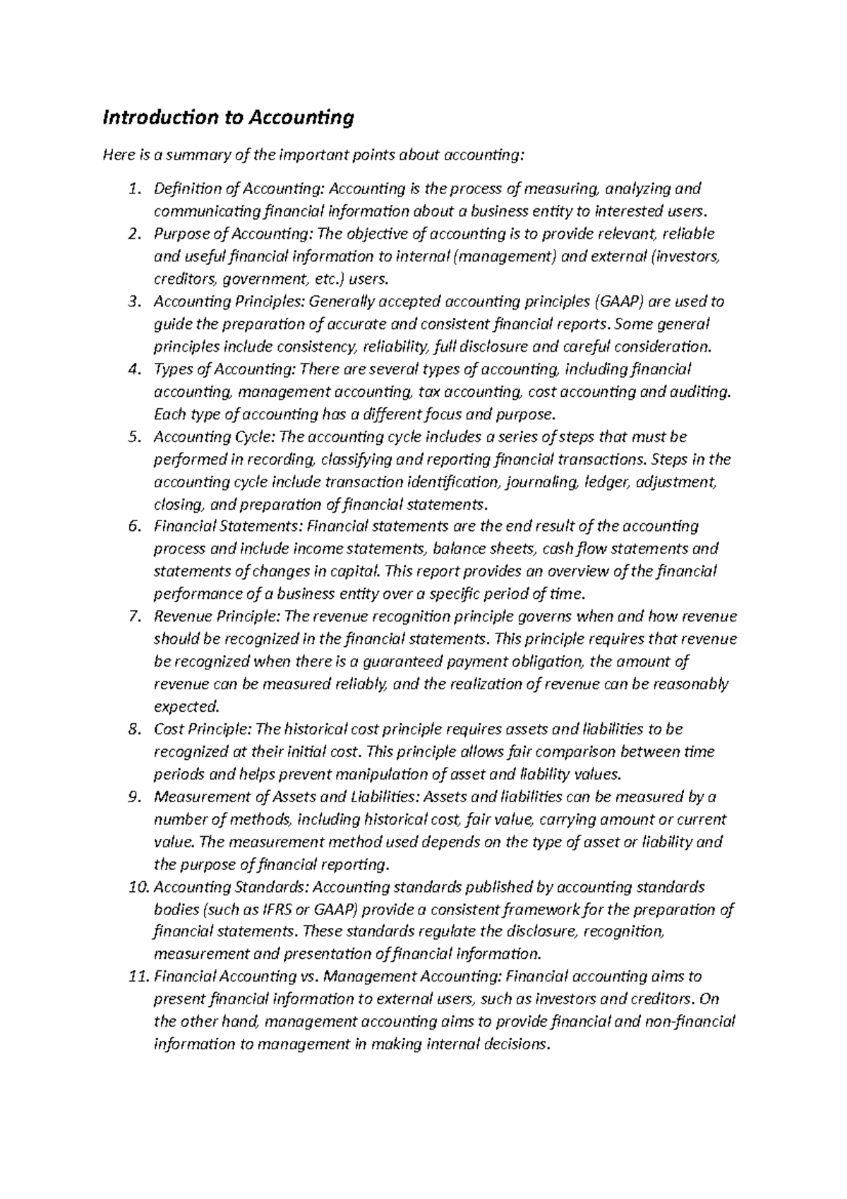 Introduction to Accounting, study notes - Introduction to Accounting ...