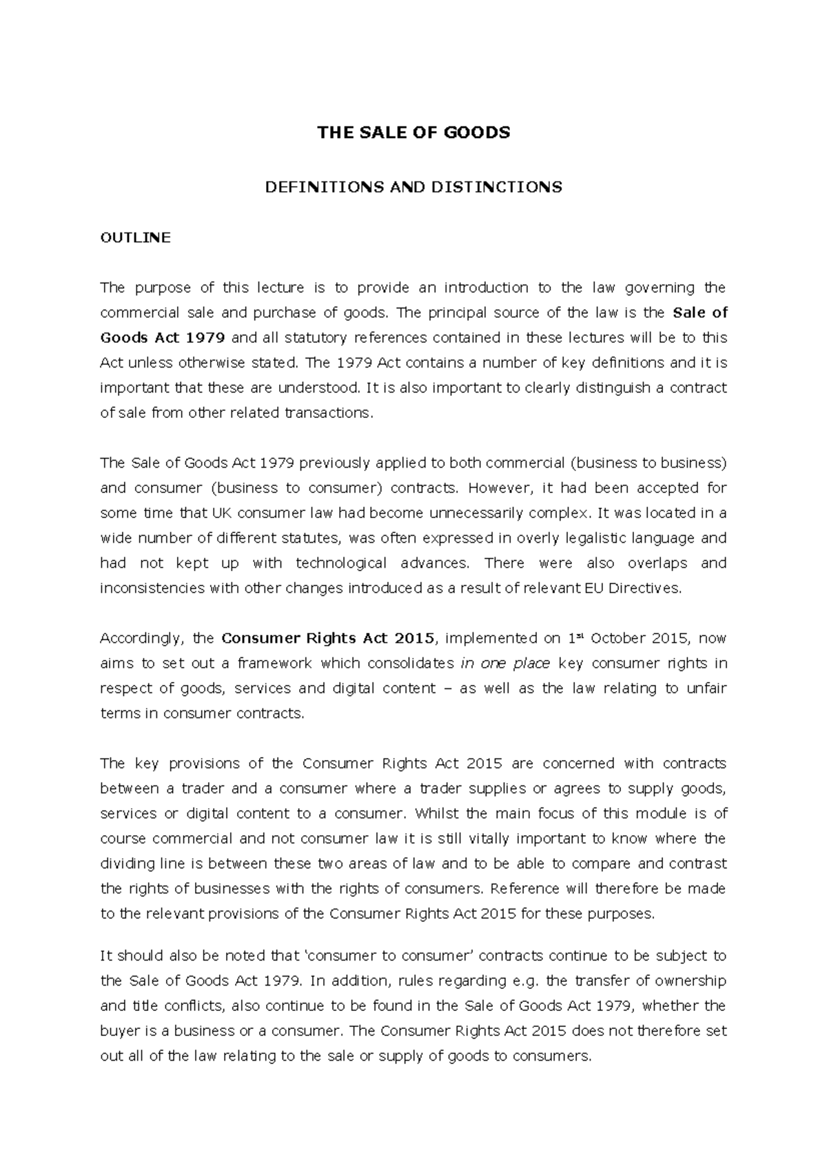 Lec 1 - Definitions and Distinctions - THE SALE OF GOODS DEFINITIONS ...