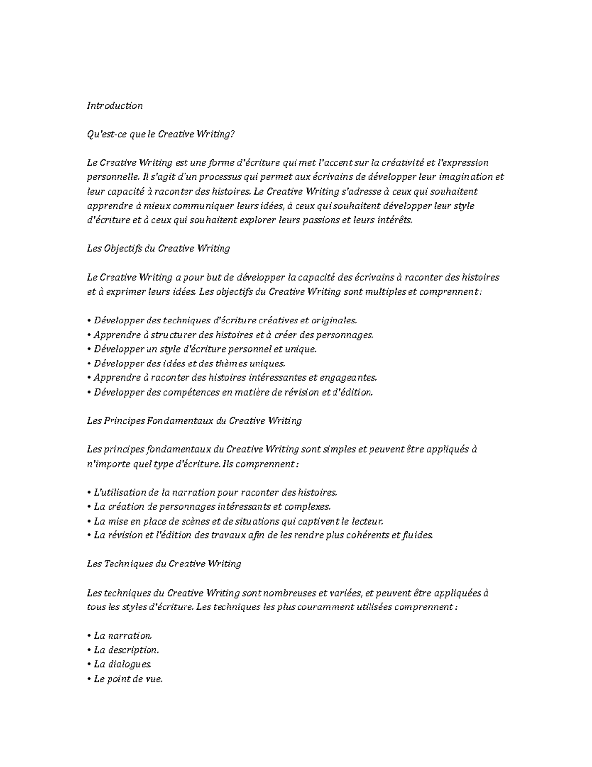 Creative Writing Study Notes - Introduction Qu'est-ce que le Creative ...