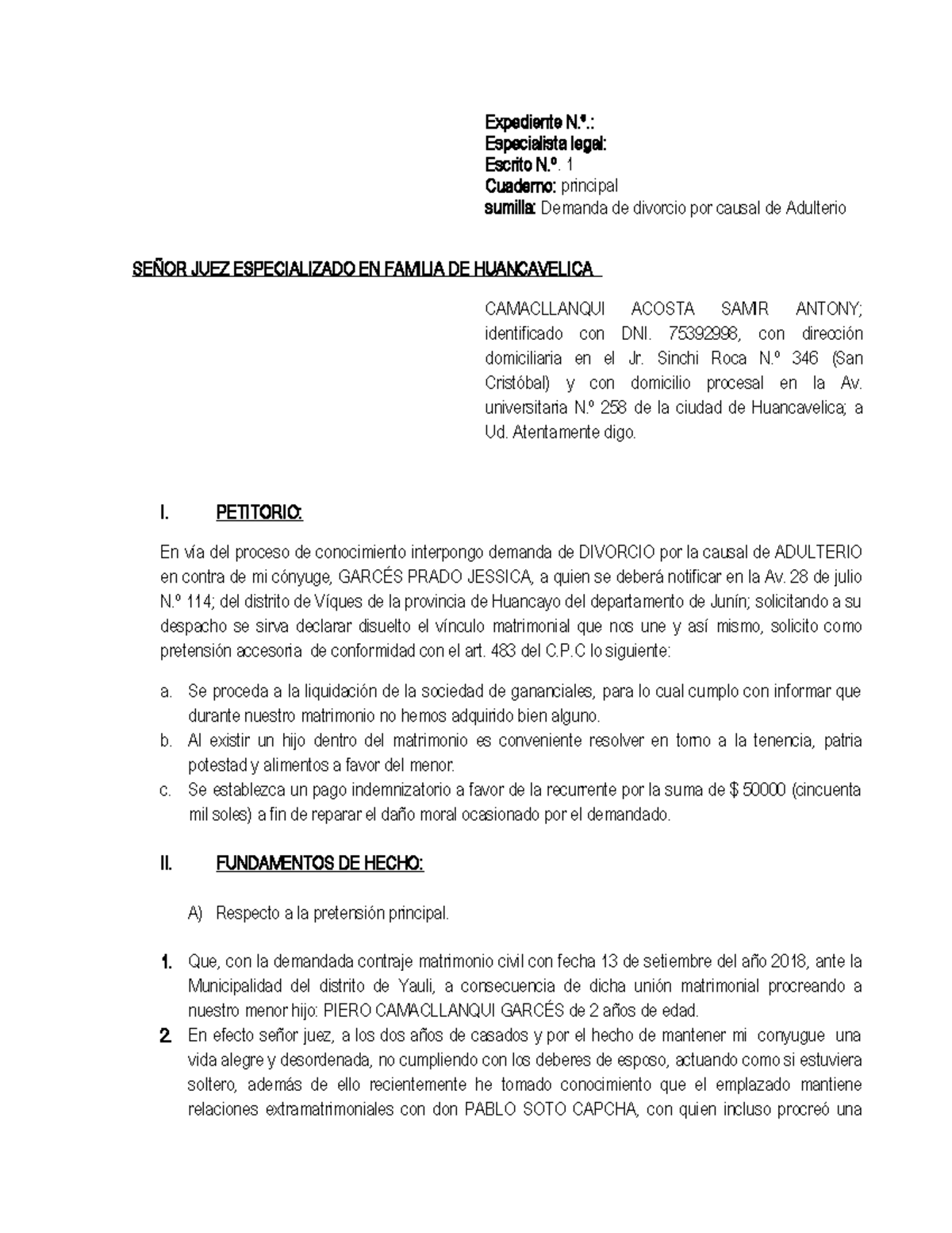Demanda De Divorcio Por Causal Compress Expediente N º Especialista