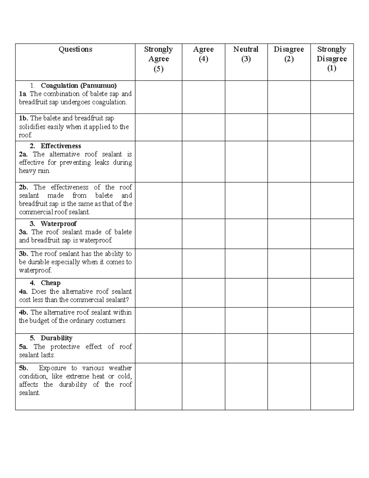 Research-questionire - Questions Strongly Agree (5) Agree (4) Neutral ...