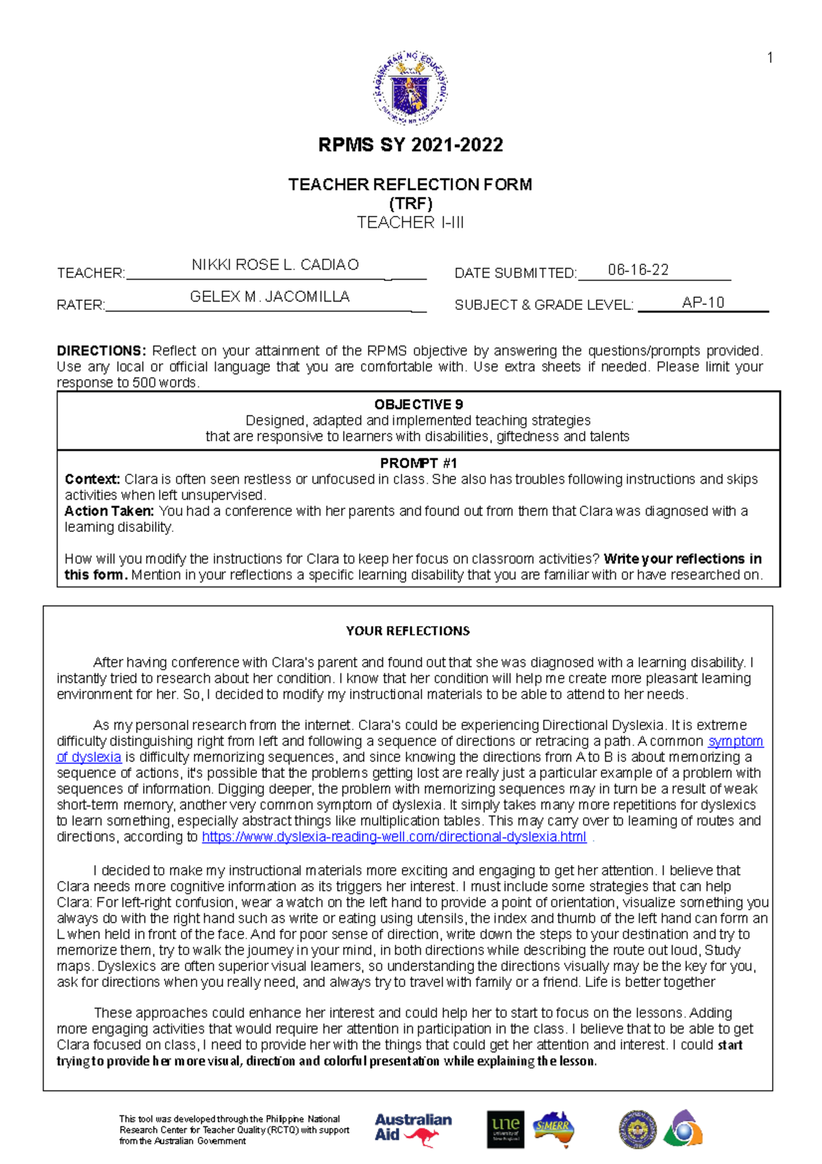 Appendix 4A Teacher Reflection Form for T I III for RPMS SY 2021 2022 1 ...
