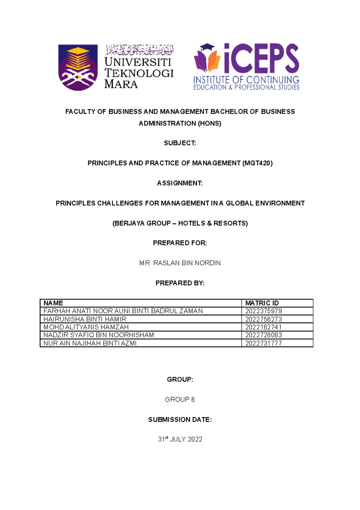 MGT420 - Group ASSG - UITM - FACULTY OF BUSINESS AND MANAGEMENT ...