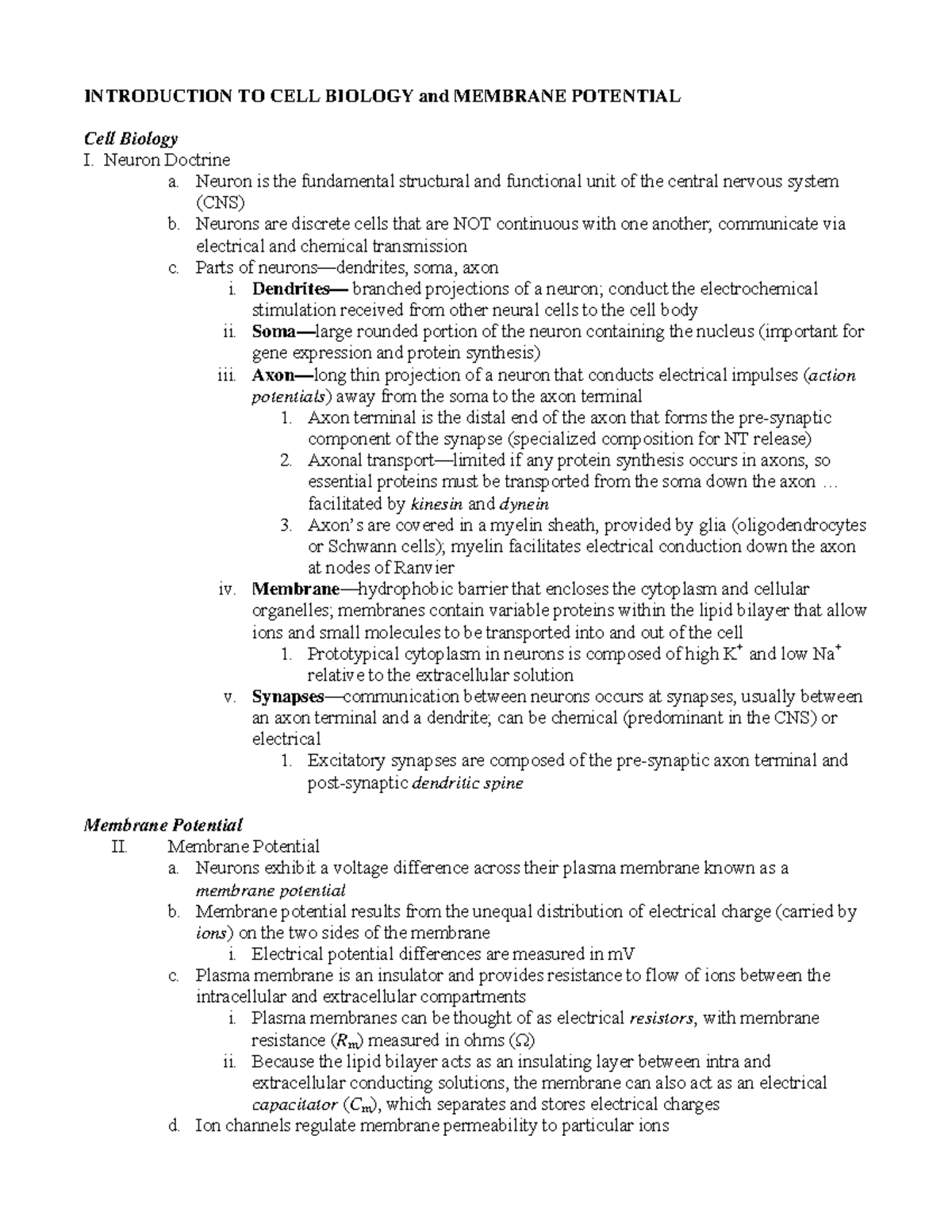 Cell Biology and Membrane Potential - INTRODUCTION TO CELL BIOLOGY and ...
