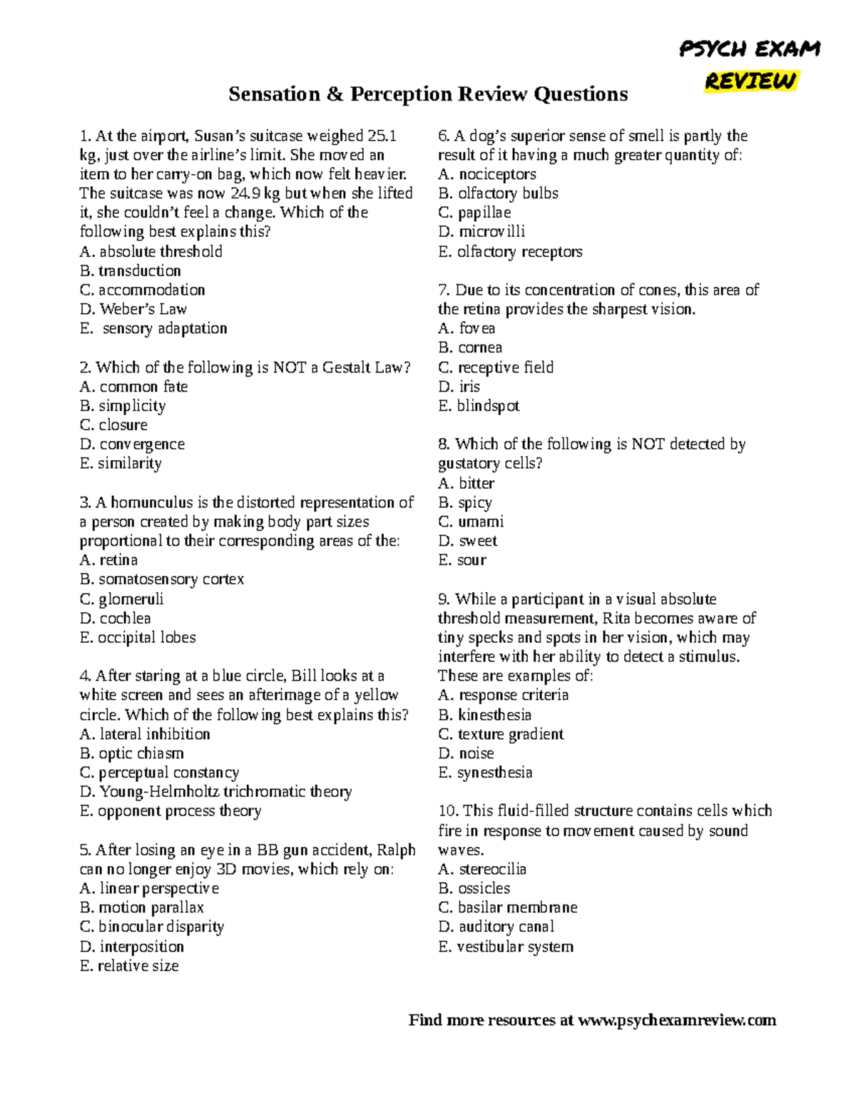 Sensation Perception Practice Questions - Sensation & Perception Review ...