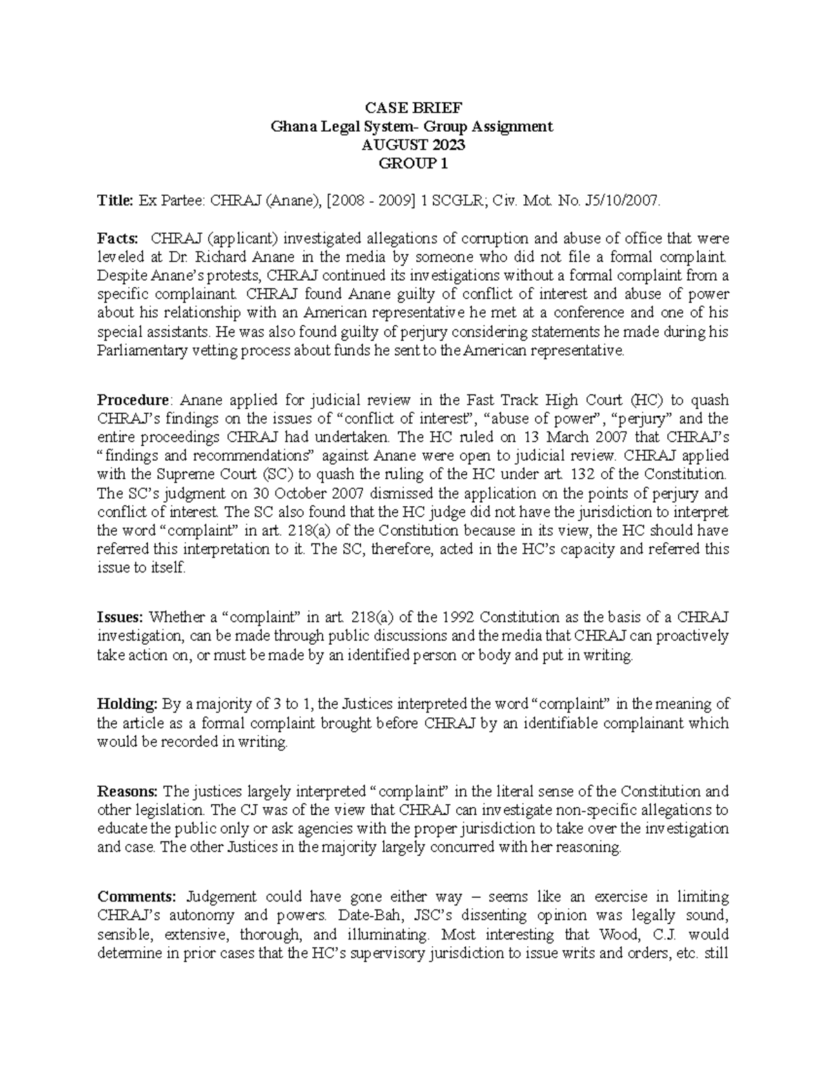 CASE Brief Anane v Chiraj - CASE BRIEF Ghana Legal System- Group ...