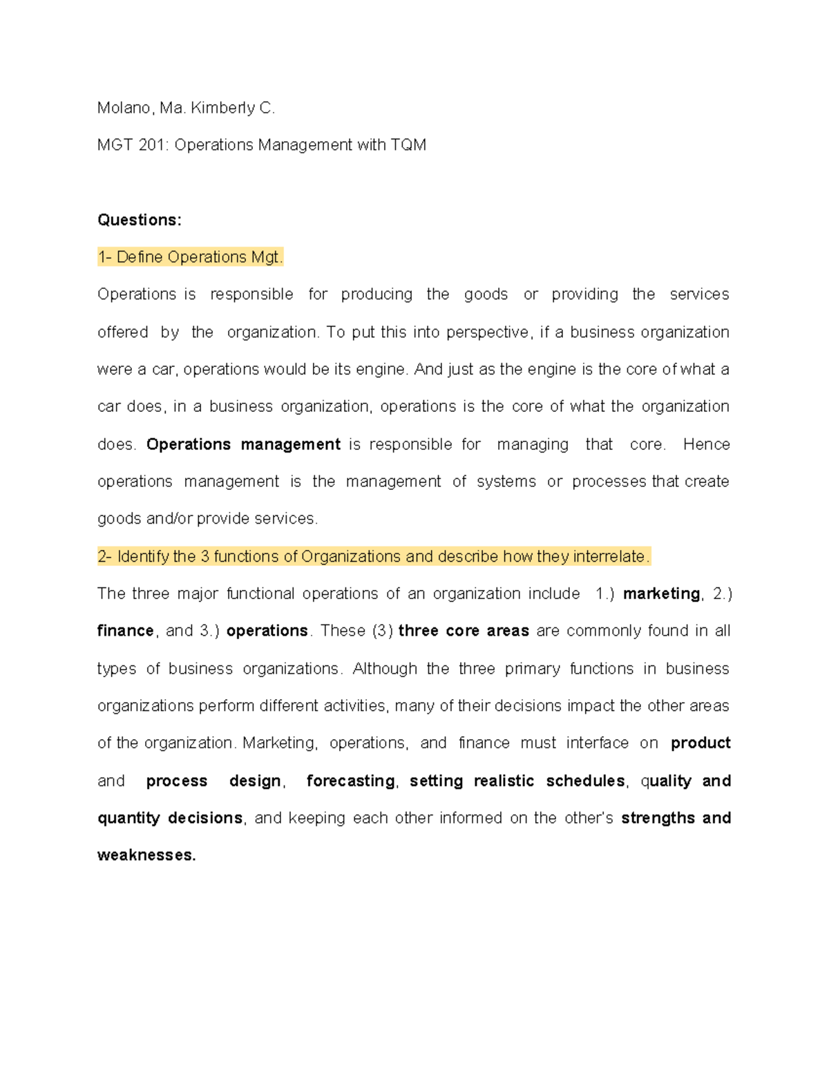 TQM - Notes to TQM - Molano, Ma. Kimberly C. MGT 201: Operations ...