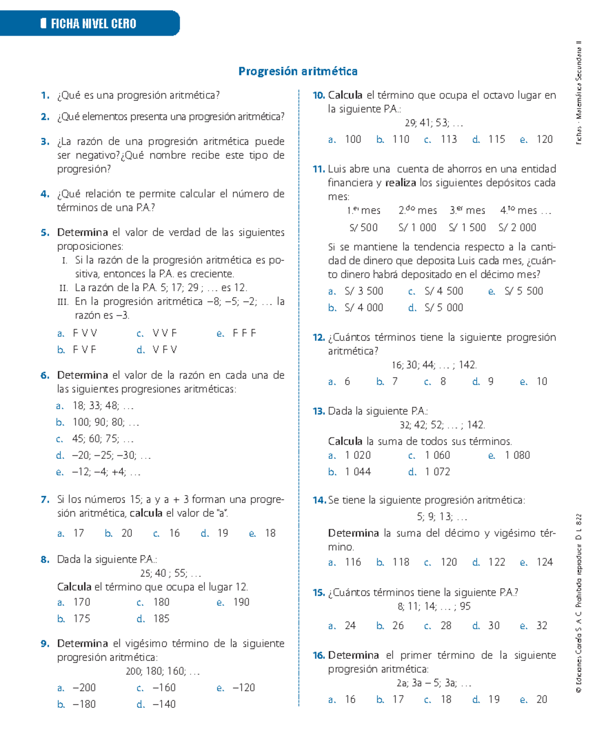 F0 Progresión aritmética - FICHA NIVEL CERO Fichas - Matemática Secundaria II © Ediciones Corefo ...