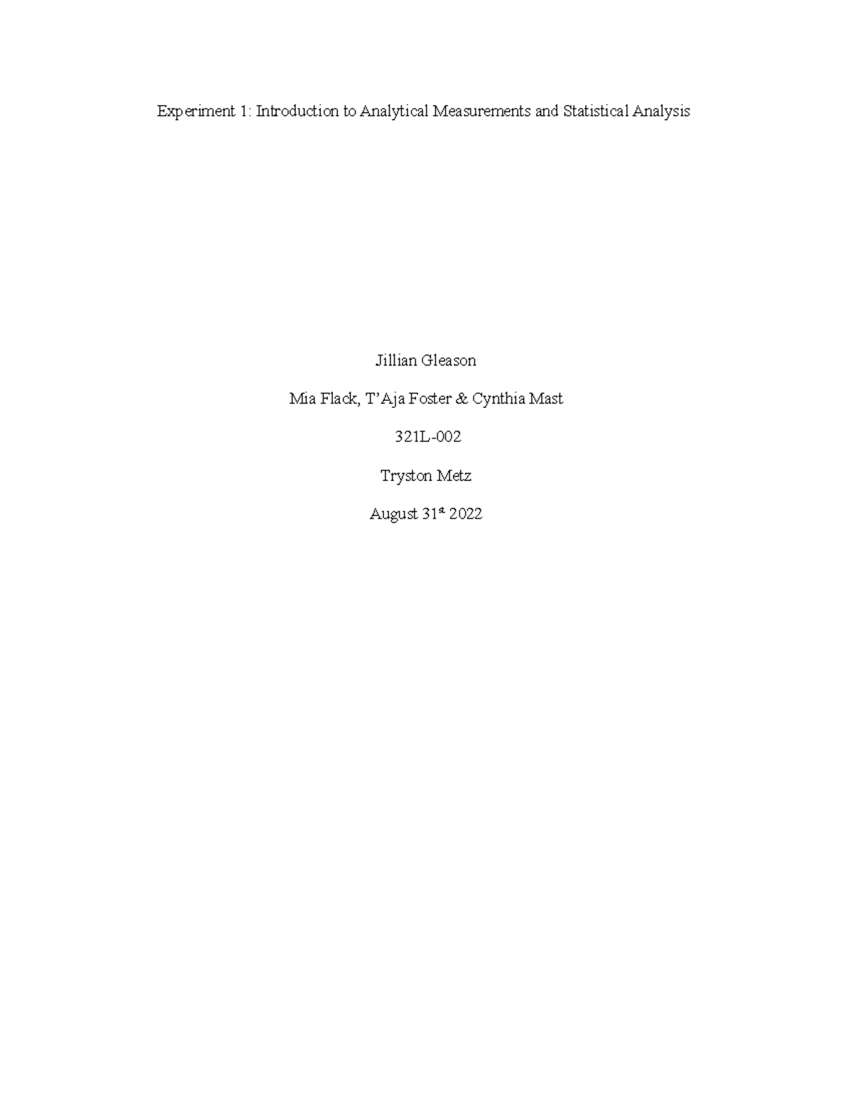 Post lab 1 - Post lab report for the first experiment - Experiment 1: Introduction to Analytical ...