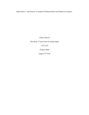 Experiment 2 pre lab - Jillian Gleason Chemistry 321, Experiment 2 ...