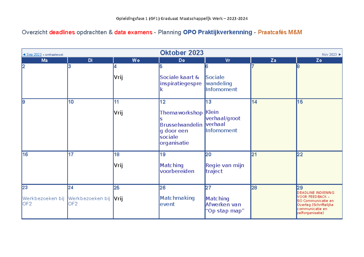 Overzicht deadlines en planning activiteiten OPO PV 2 - Overzicht deadlines opdrachten & data ...
