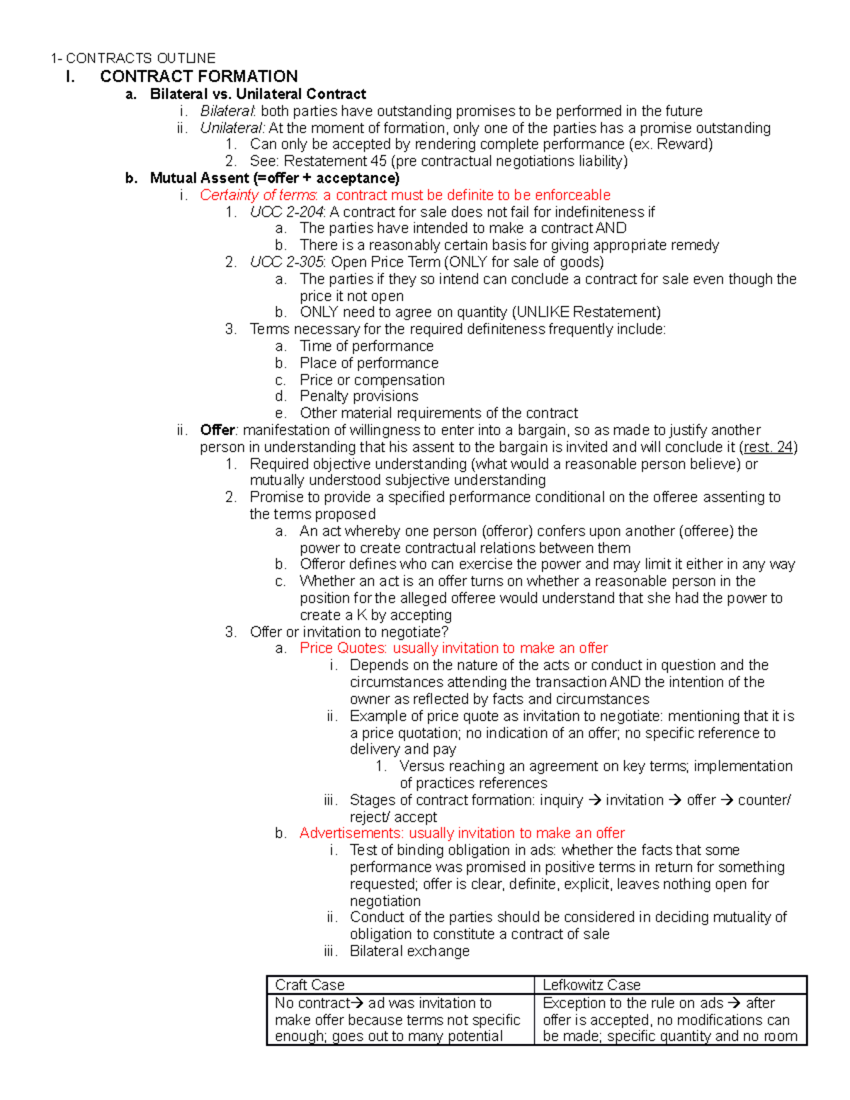 Velikonja, Contracts Outline - 1- CONTRACTS OUTLINE I. CONTRACT ...