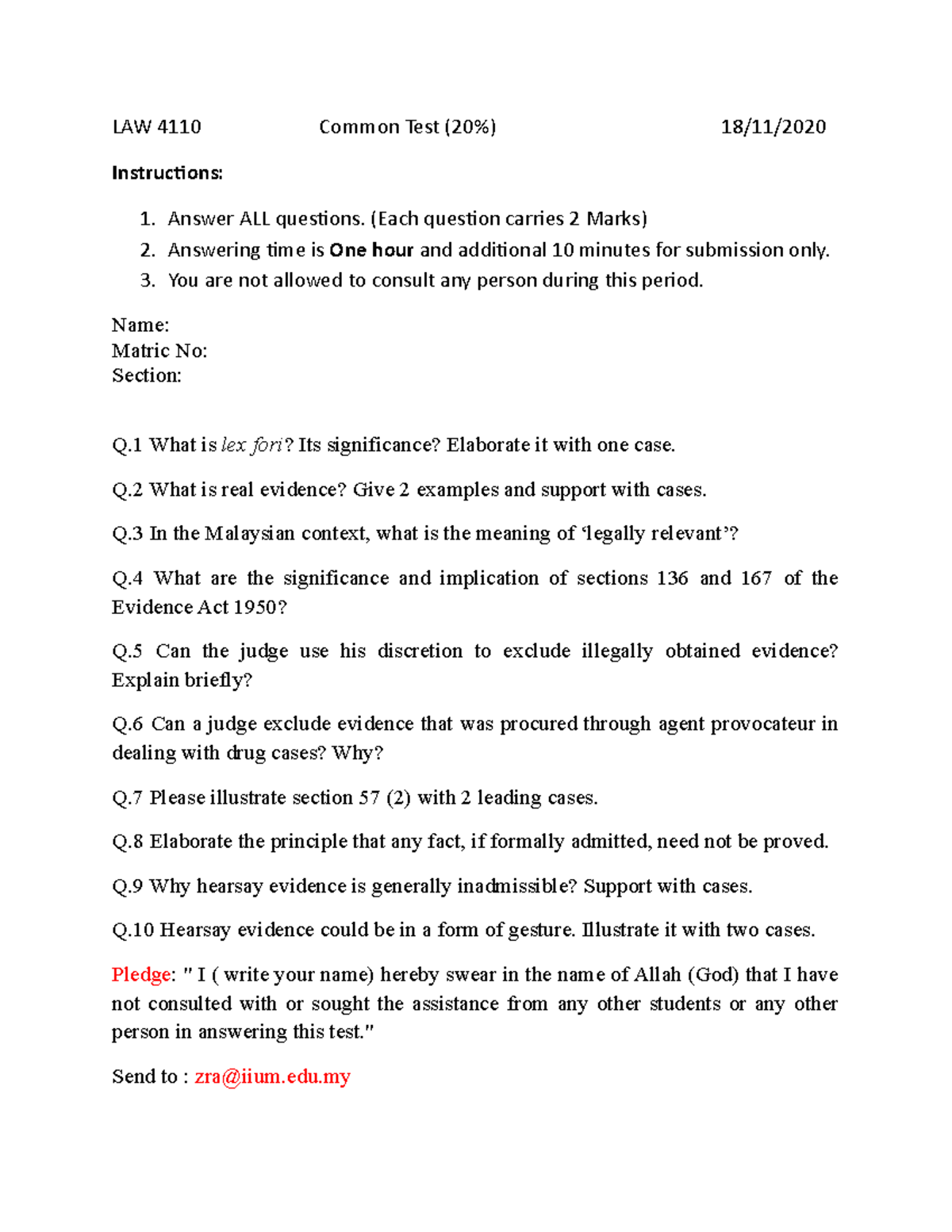 Test Questions - MIDTERM TEST - LAW 4110 Common Test (20%) 18/11 ...