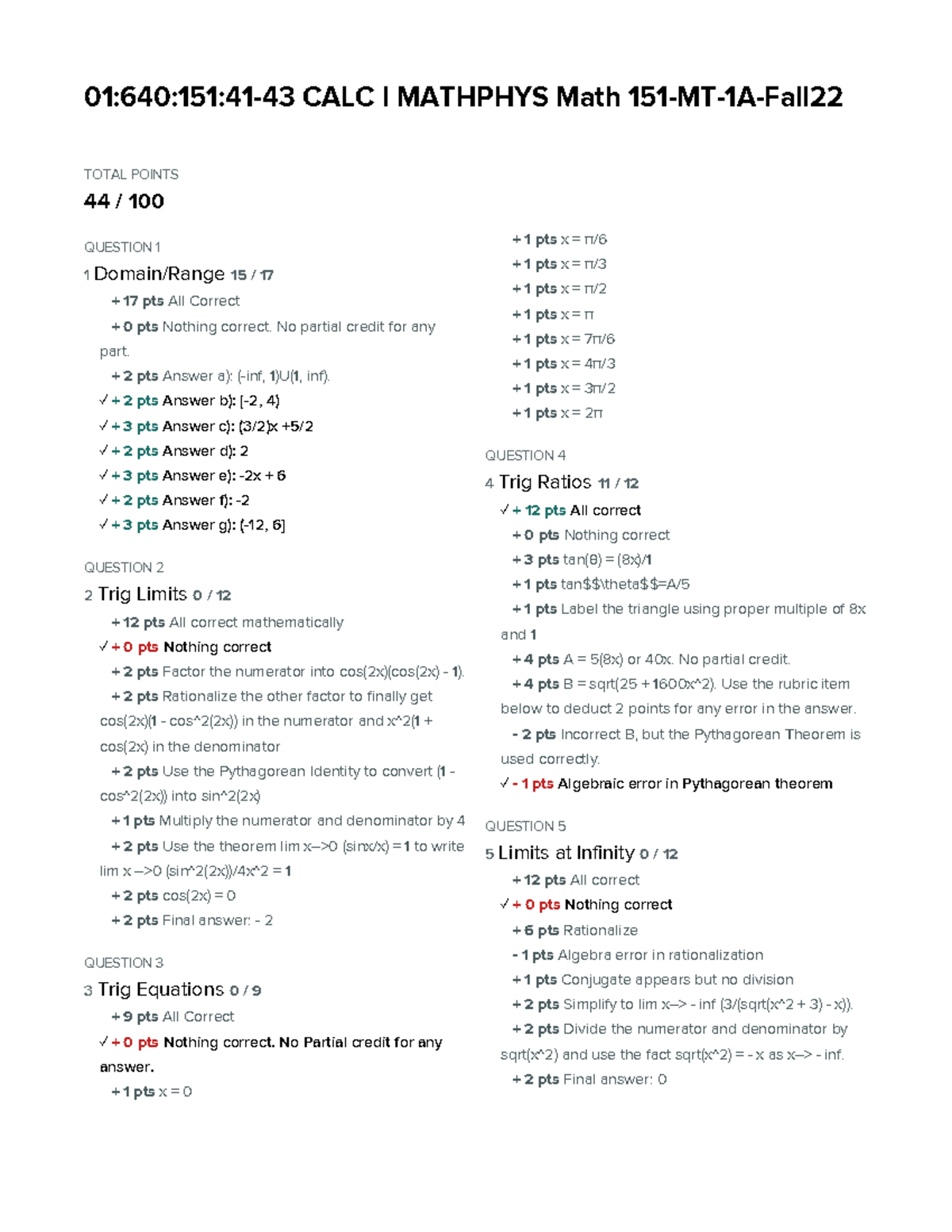 Calc151 Midterm 1A Fall 2022 - 01:640:151:41-43 CALC I MATHPHYS Math ...