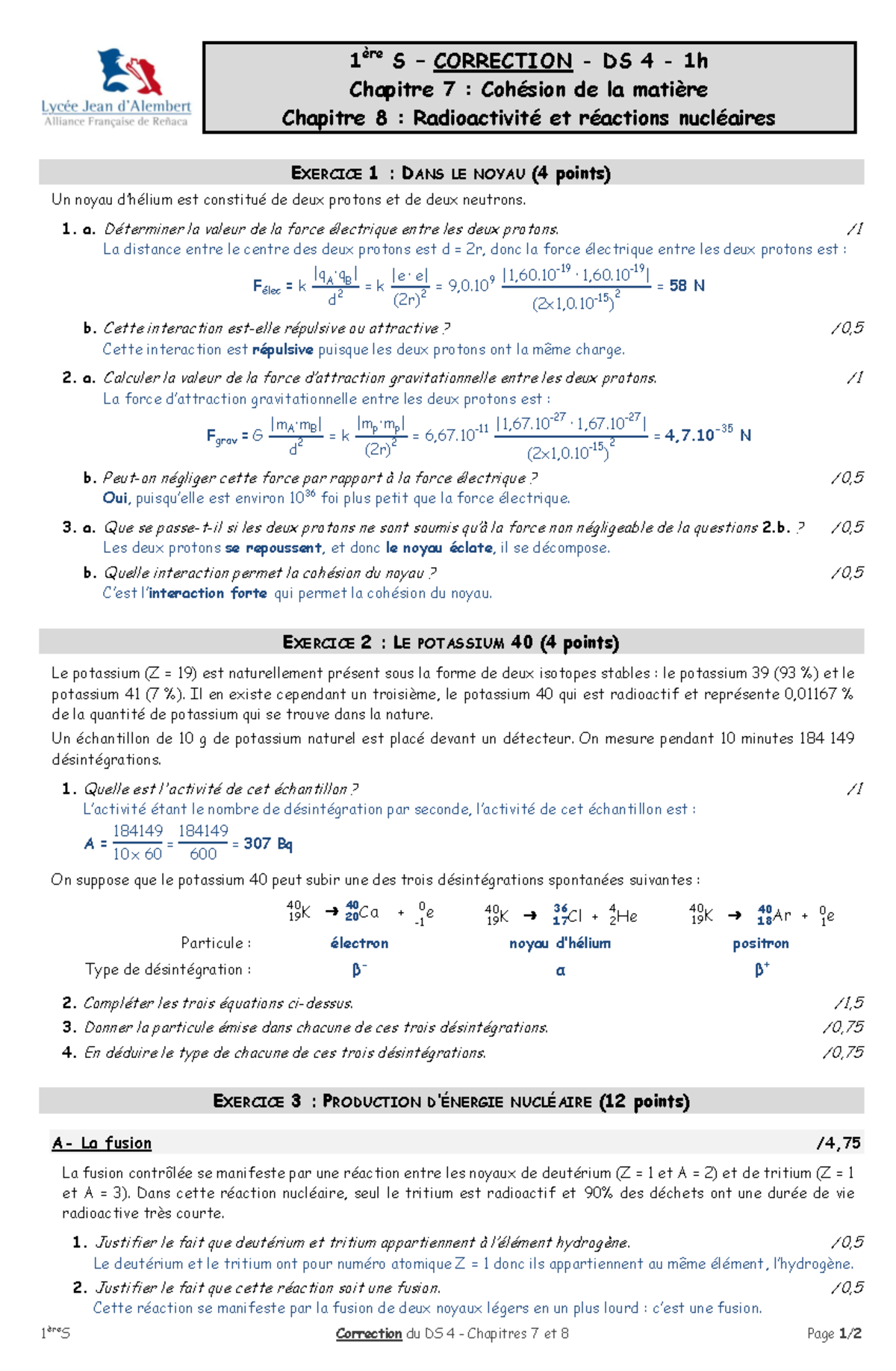 1er S - DS 4 - Corrigé - Chap 7 et 8 - 1 èreS Correction du DS 4 - Chapitres 7 et 8 Page 1 / 2 1 ...