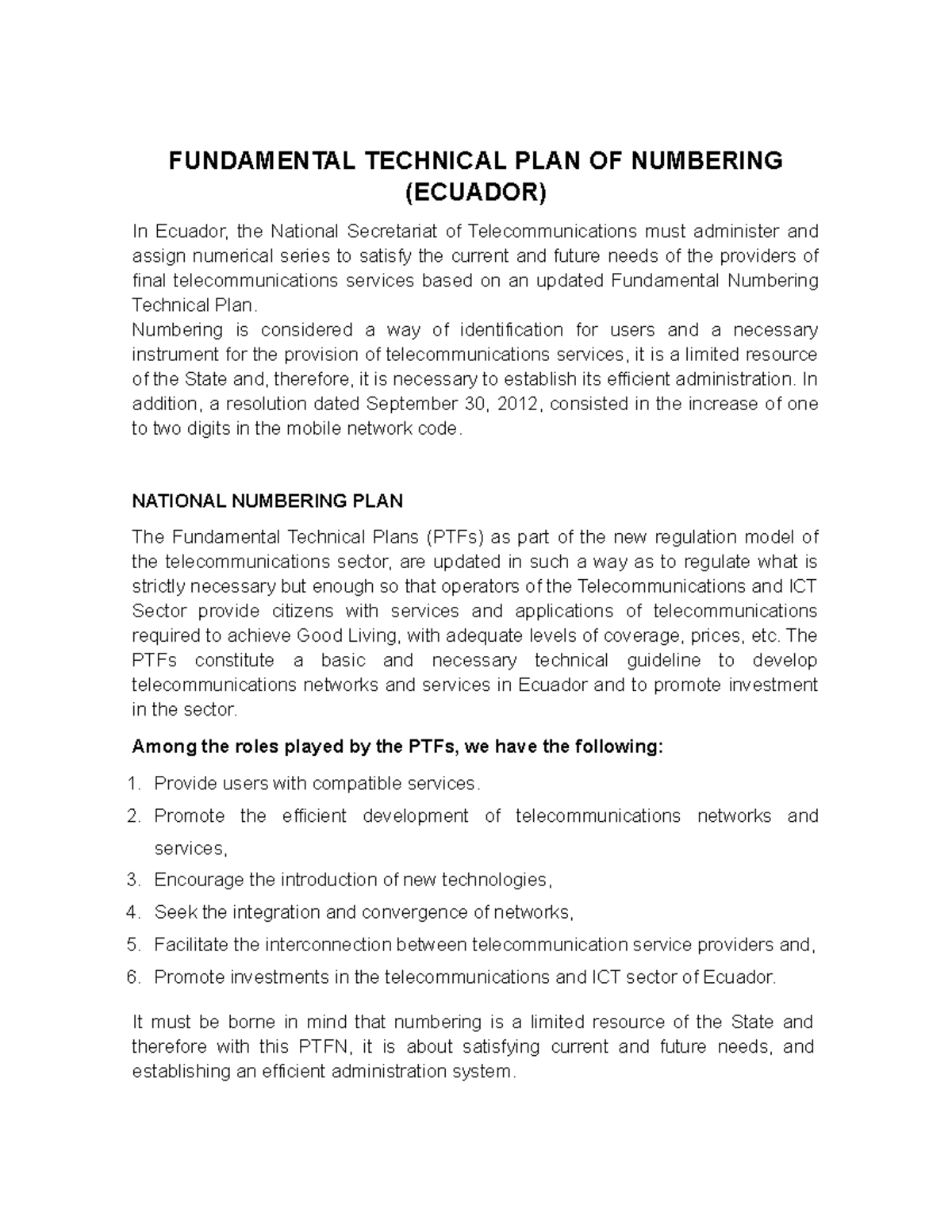 Fundamental Technical PLAN OF Numbering - FUNDAMENTAL TECHNICAL PLAN OF ...