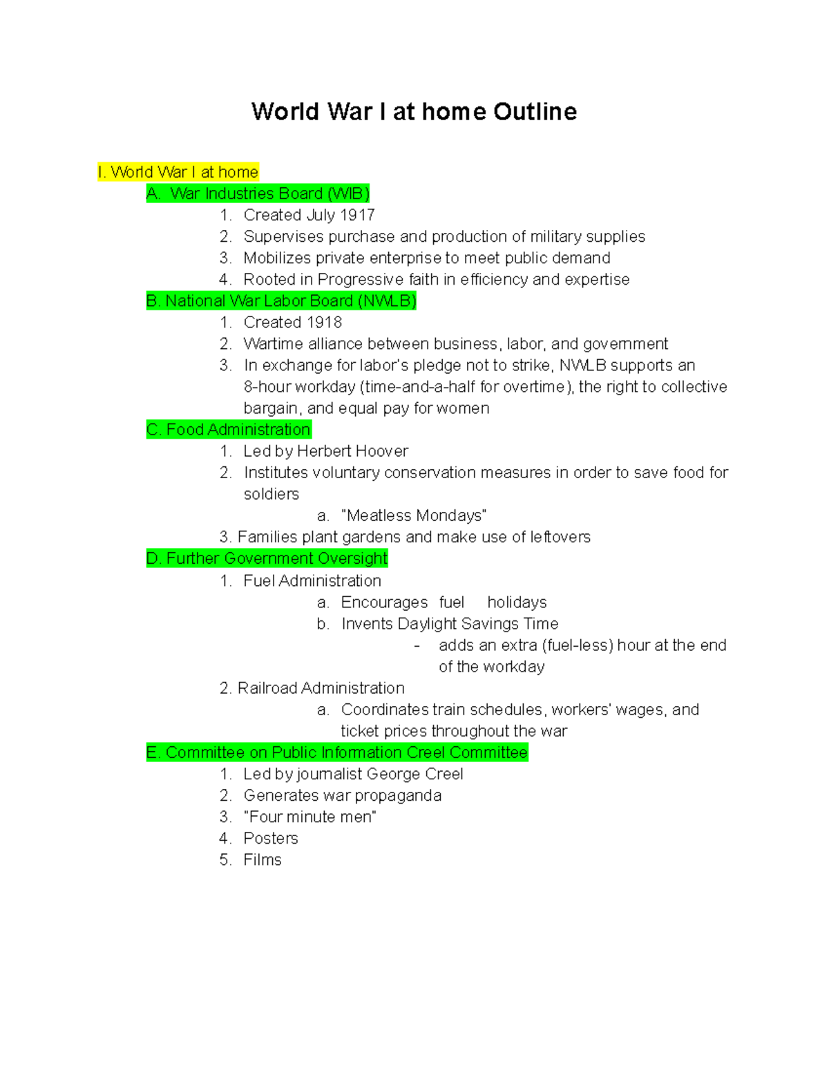 United States History since 1877-World War I at home Ouline Notes ...