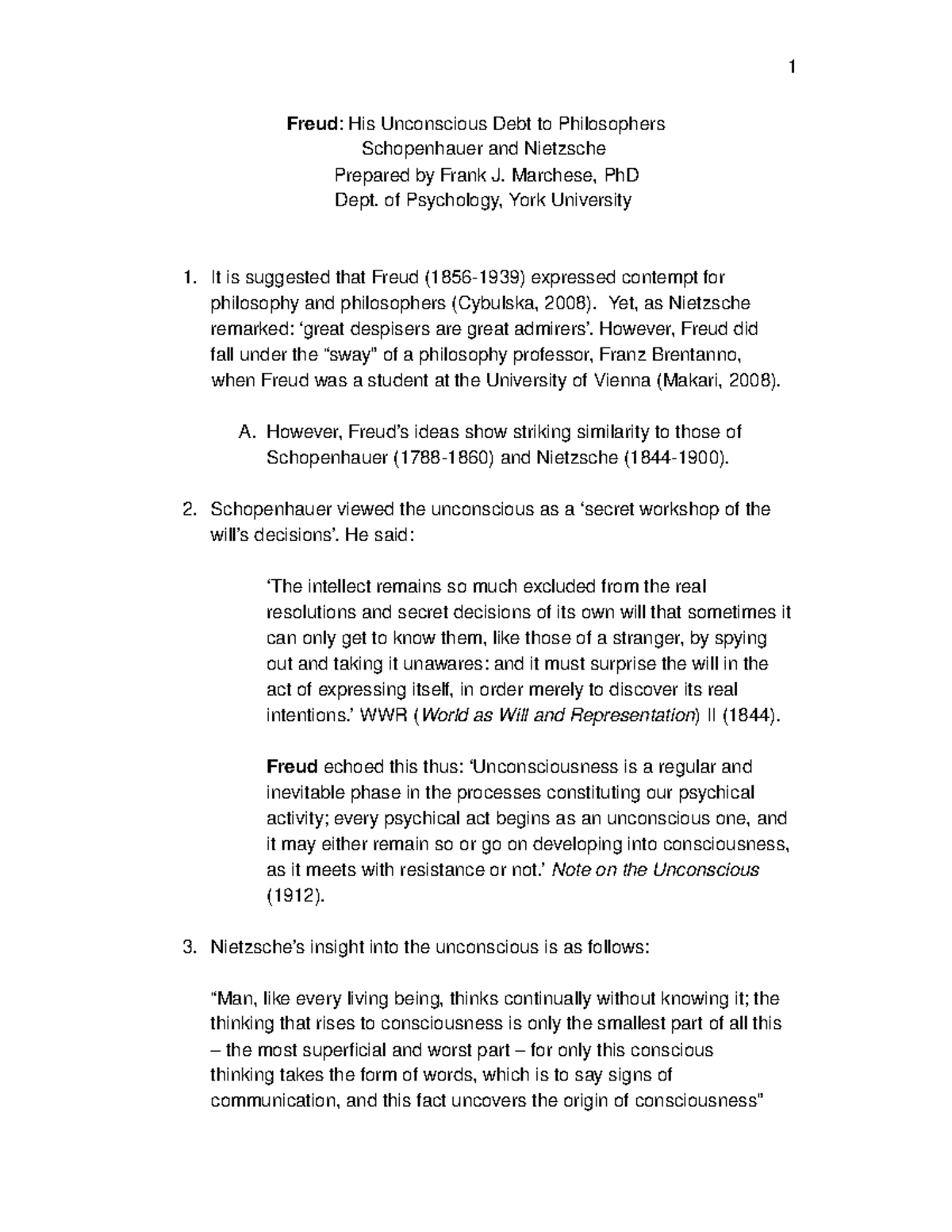 Freud Philosophy - WORD - 1 Freud: His Unconscious Debt to Philosophers ...