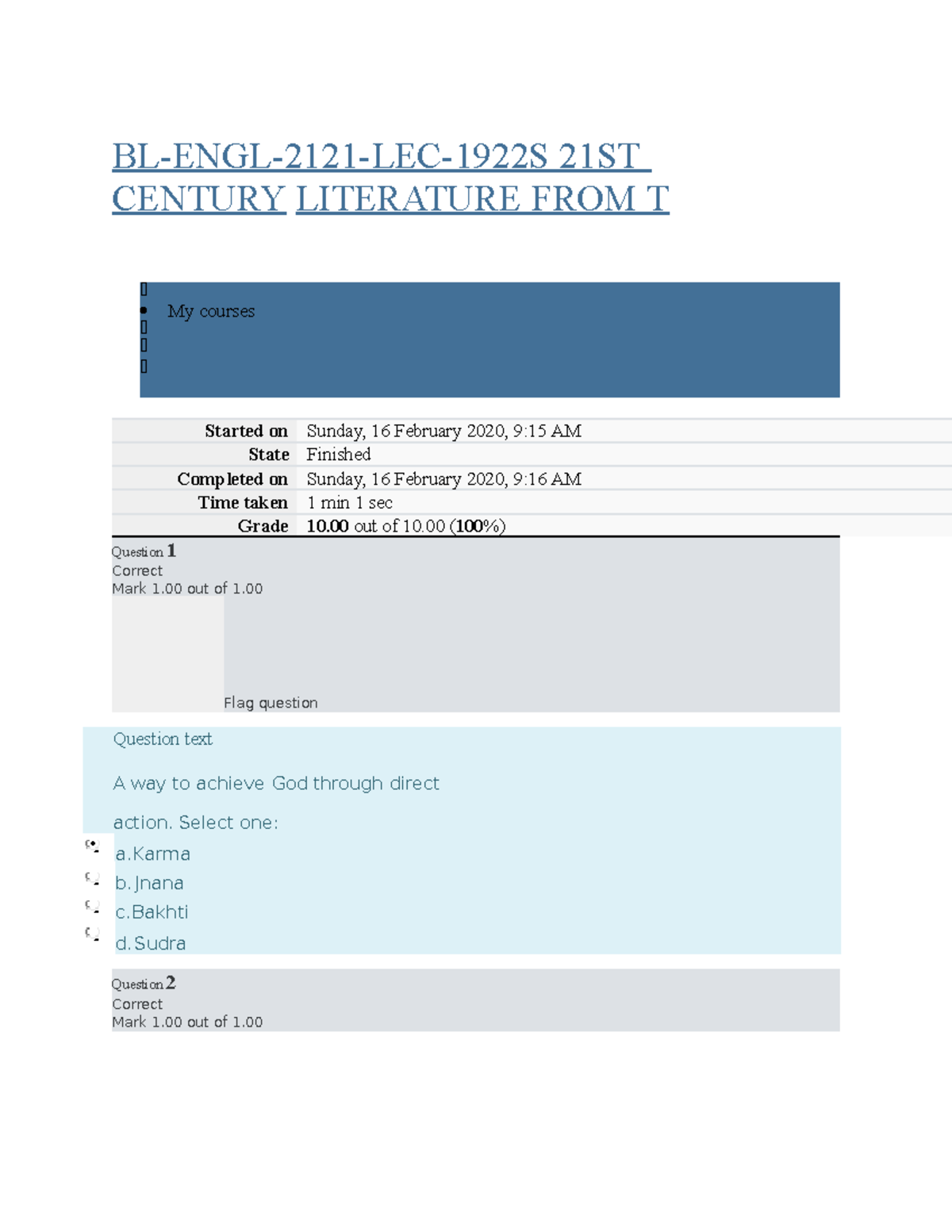 Pdfcoffee - AWDWASD - BL-ENGL-2121-LEC-1922S 21ST CENTURY LITERATURE FROM T Started on Sunday ...