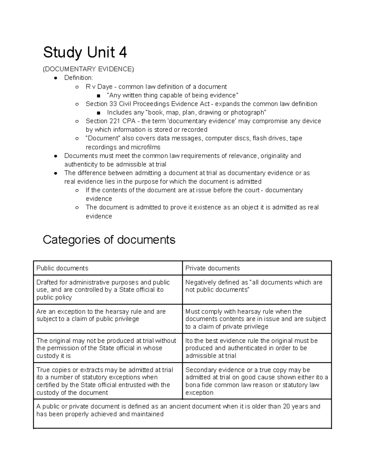 Study Unit 4 - Summary Law of Evidence - Study Unit 4 (DOCUMENTARY ...