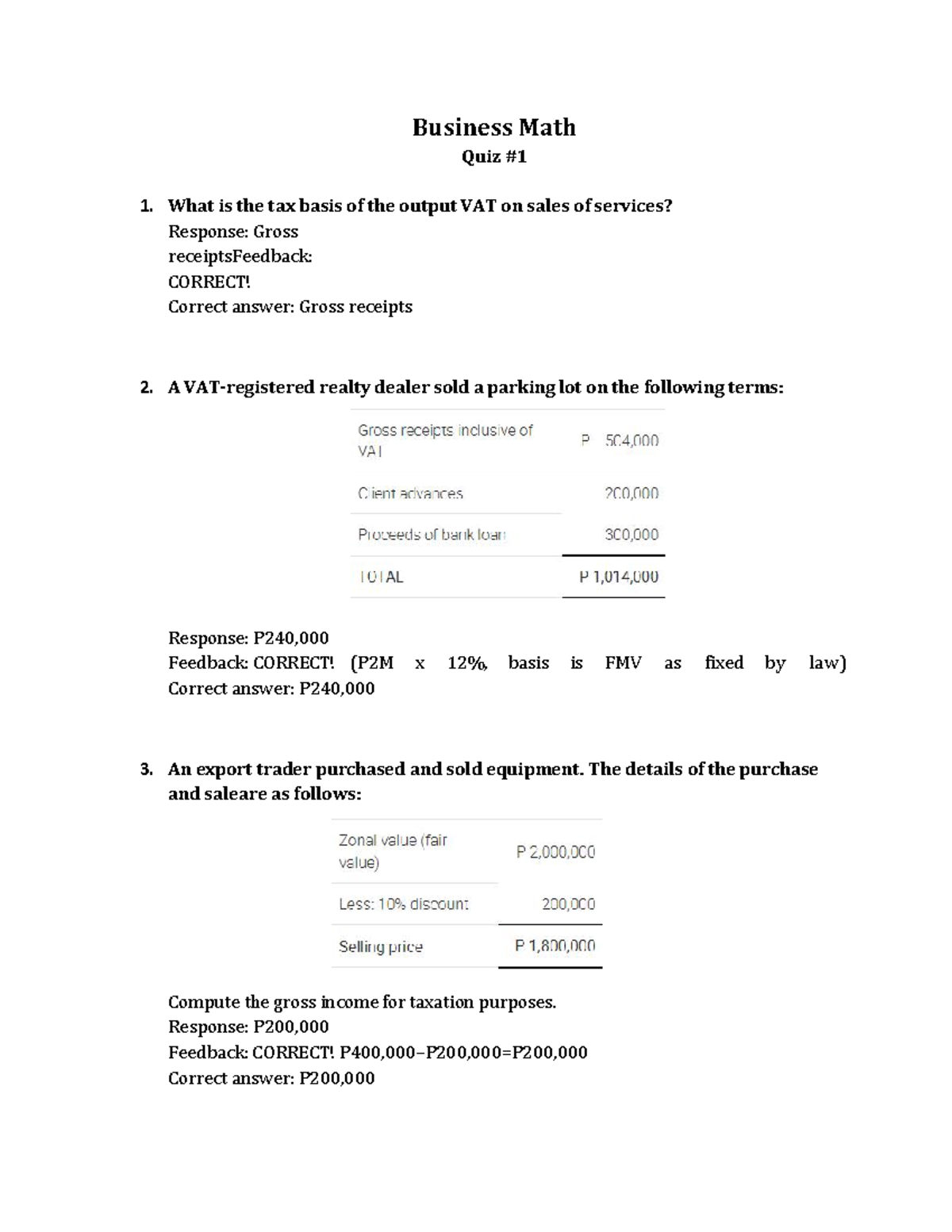 Business Math Quiz 1 - What is the tax basis of the output VAT on sales ...