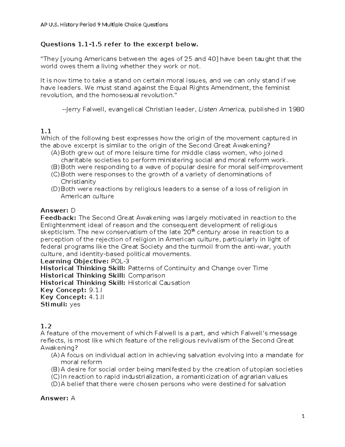 Period 9 New AP Multiple Choice Bank - Questions 1.1-1 refer to the ...