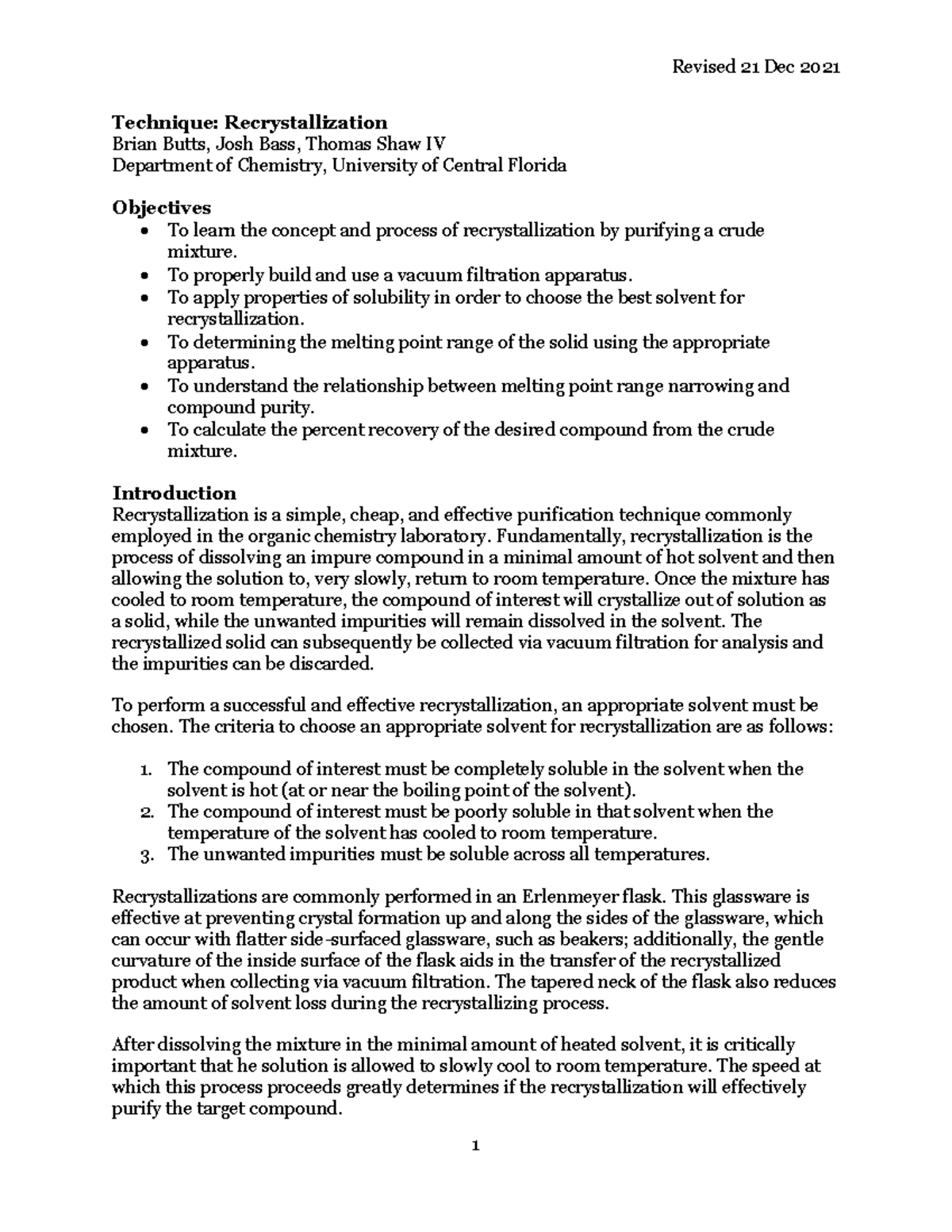 CHM 2211L Recrystallization Lab - Technique: Recrystallization Brian ...