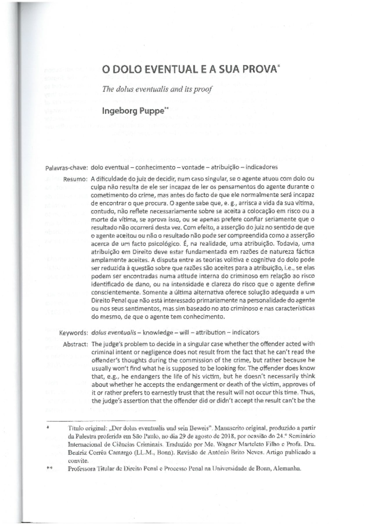 Dolo eventual e sua prova Ingeborg Puppe - Direito Penal I - Studocu
