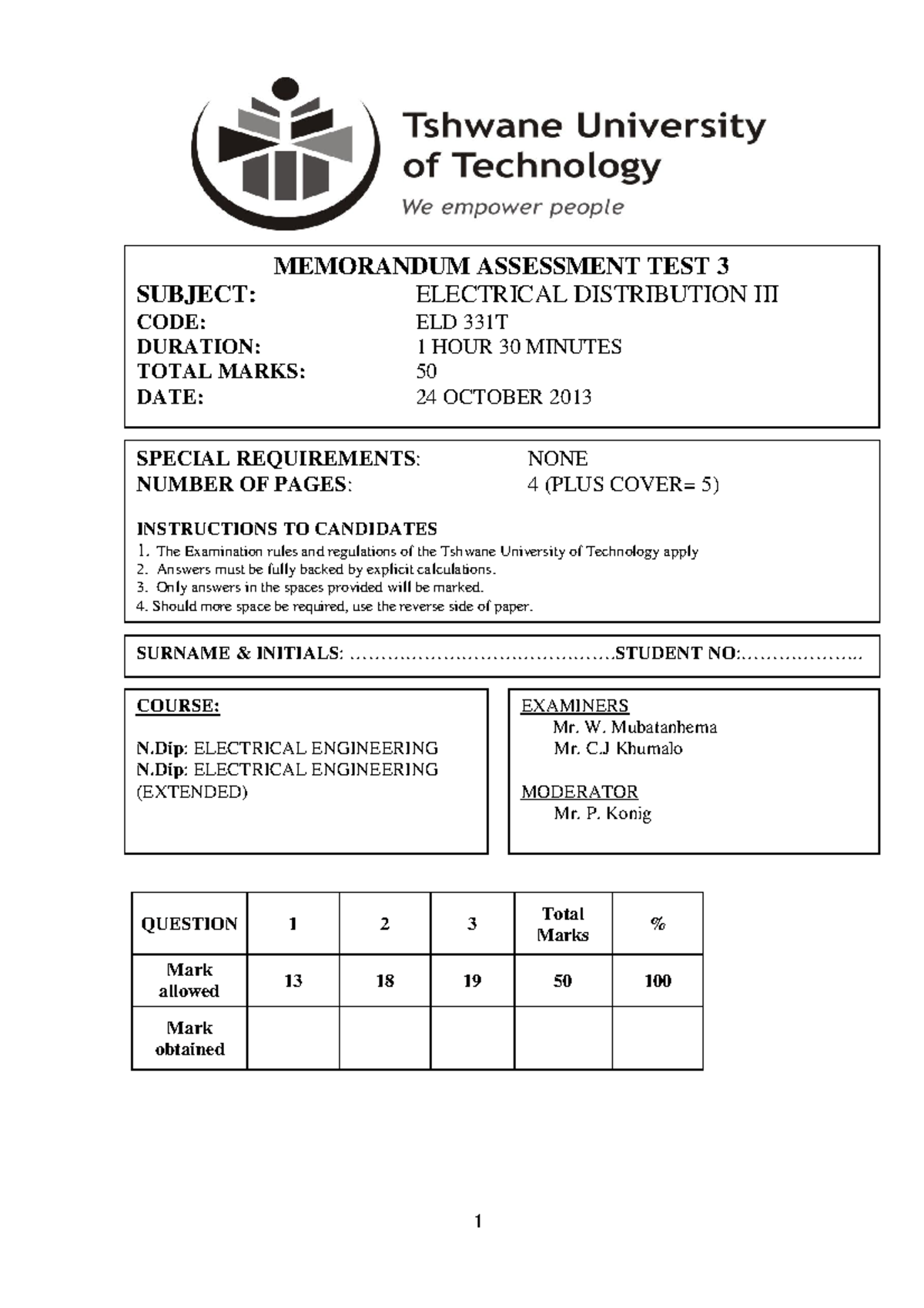 Assessment Test 3 October 2013 (MEMO) - ELE1501 - Unisa - Studocu