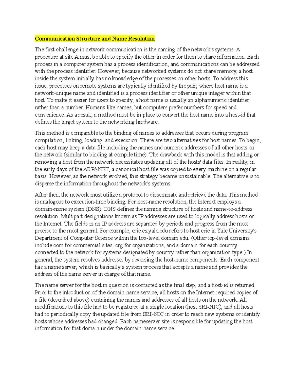 Communication Structure and Name Resolution - A procedure at site A ...