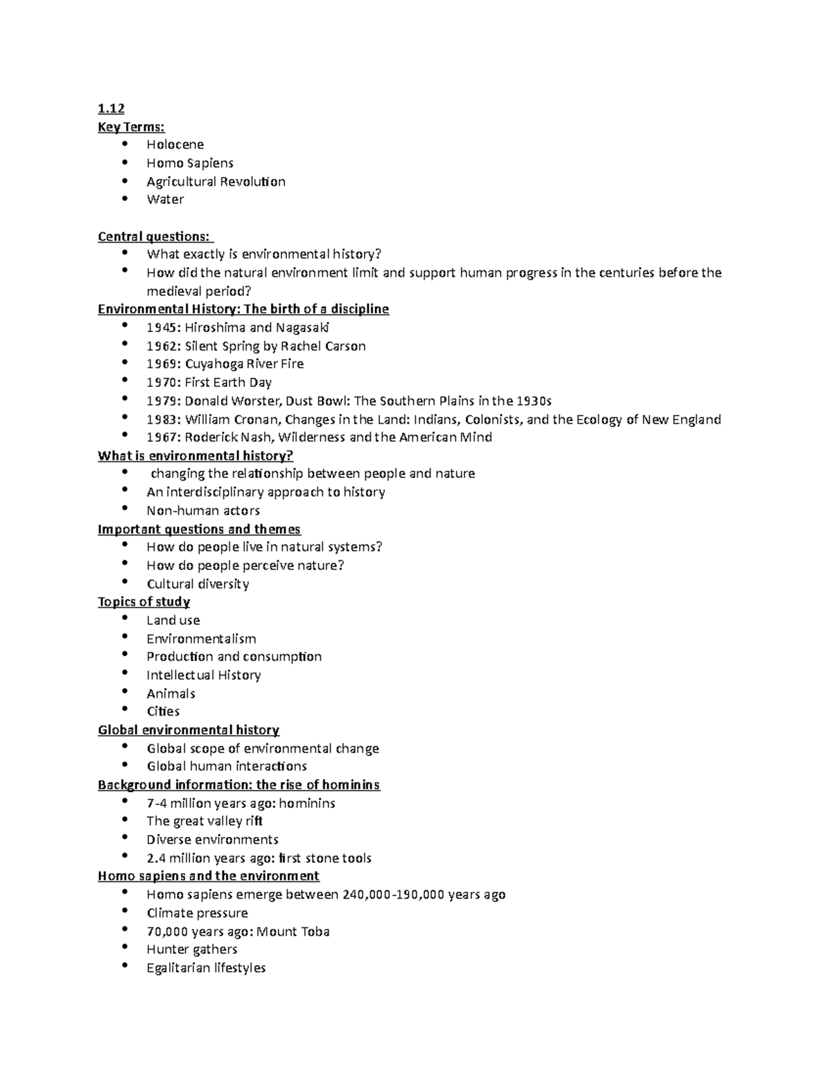 Jan 12 - notes - 1. Key Terms: Holocene Homo Sapiens Agricultural ...