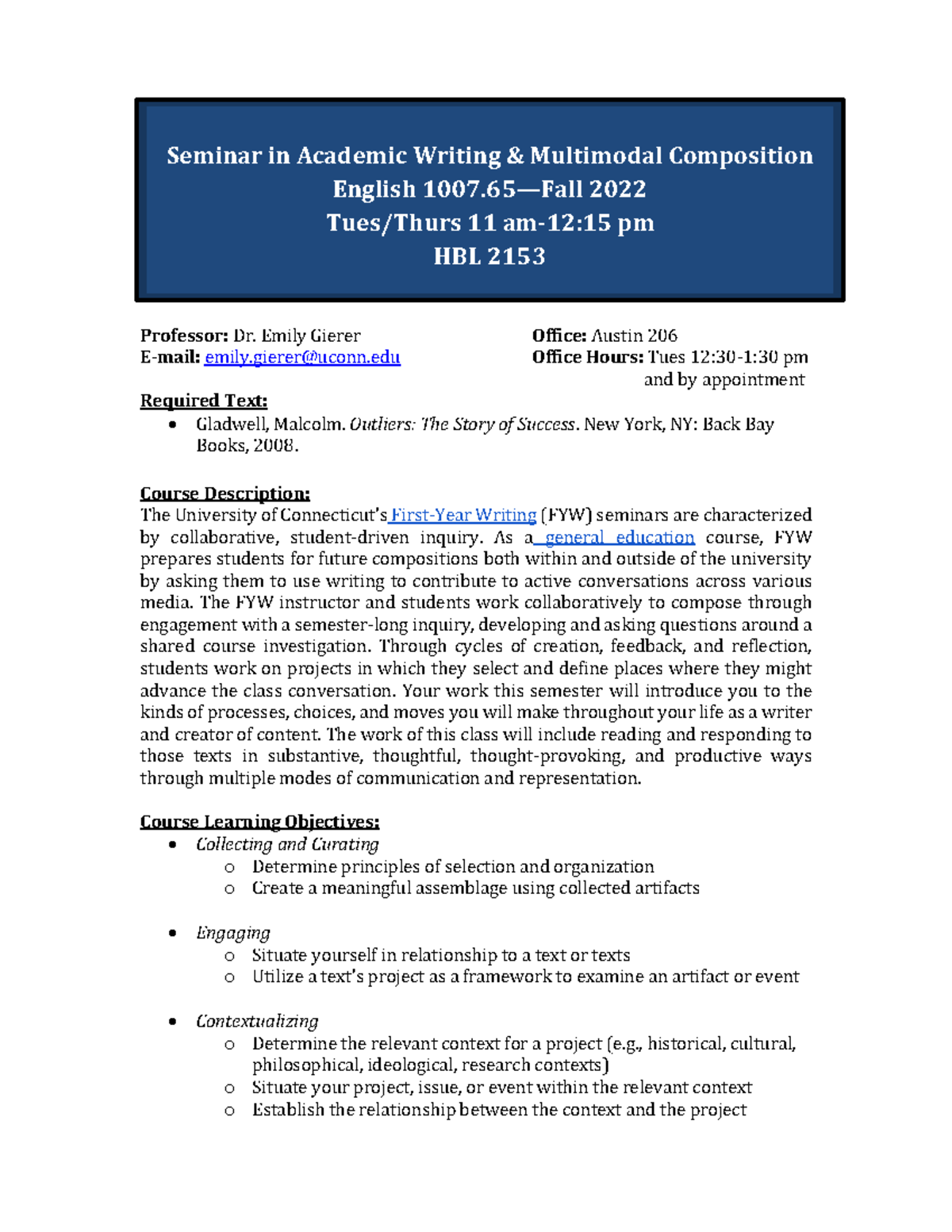 Syllabus Fall 2022 1007 11 am - Seminar in Academic Writing and ...