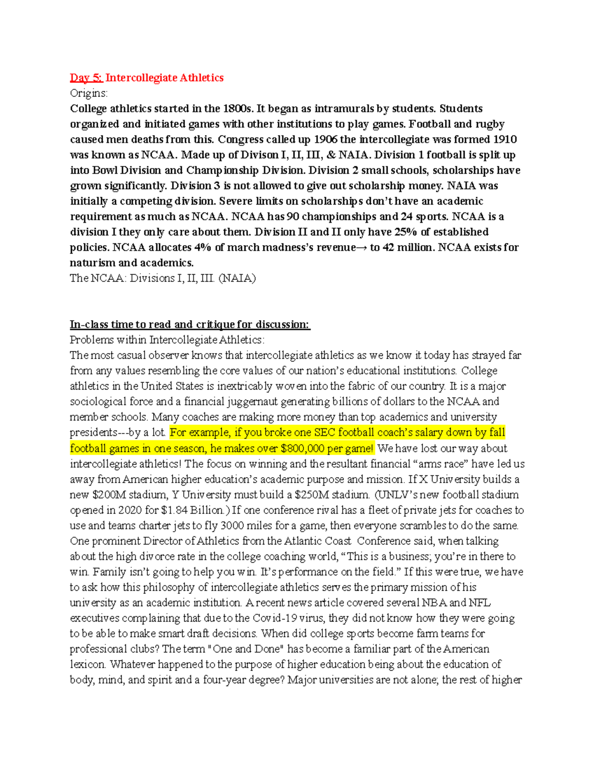 Sports Management 290 - Day 5: Intercollegiate Athletics Origins ...