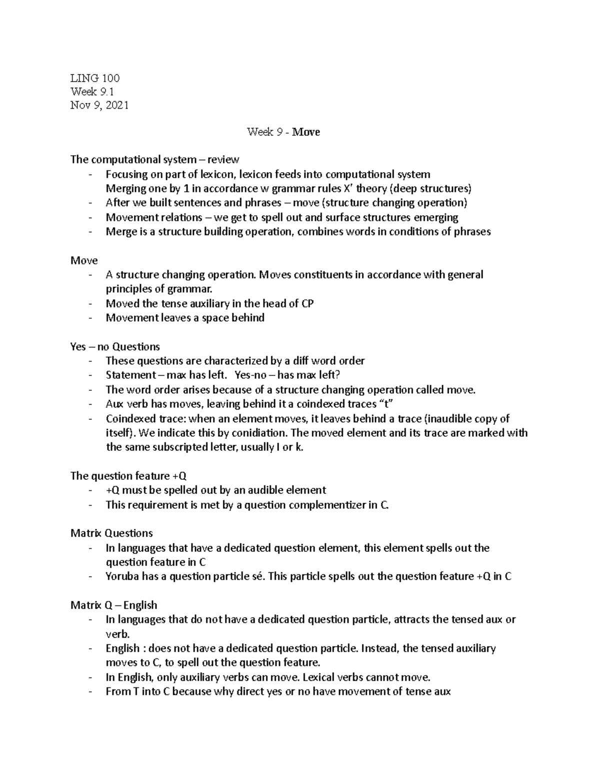 Week 9 - LING 100 - week 9 lecture 4, notes - LING 100 Week 9. Nov 9 ...