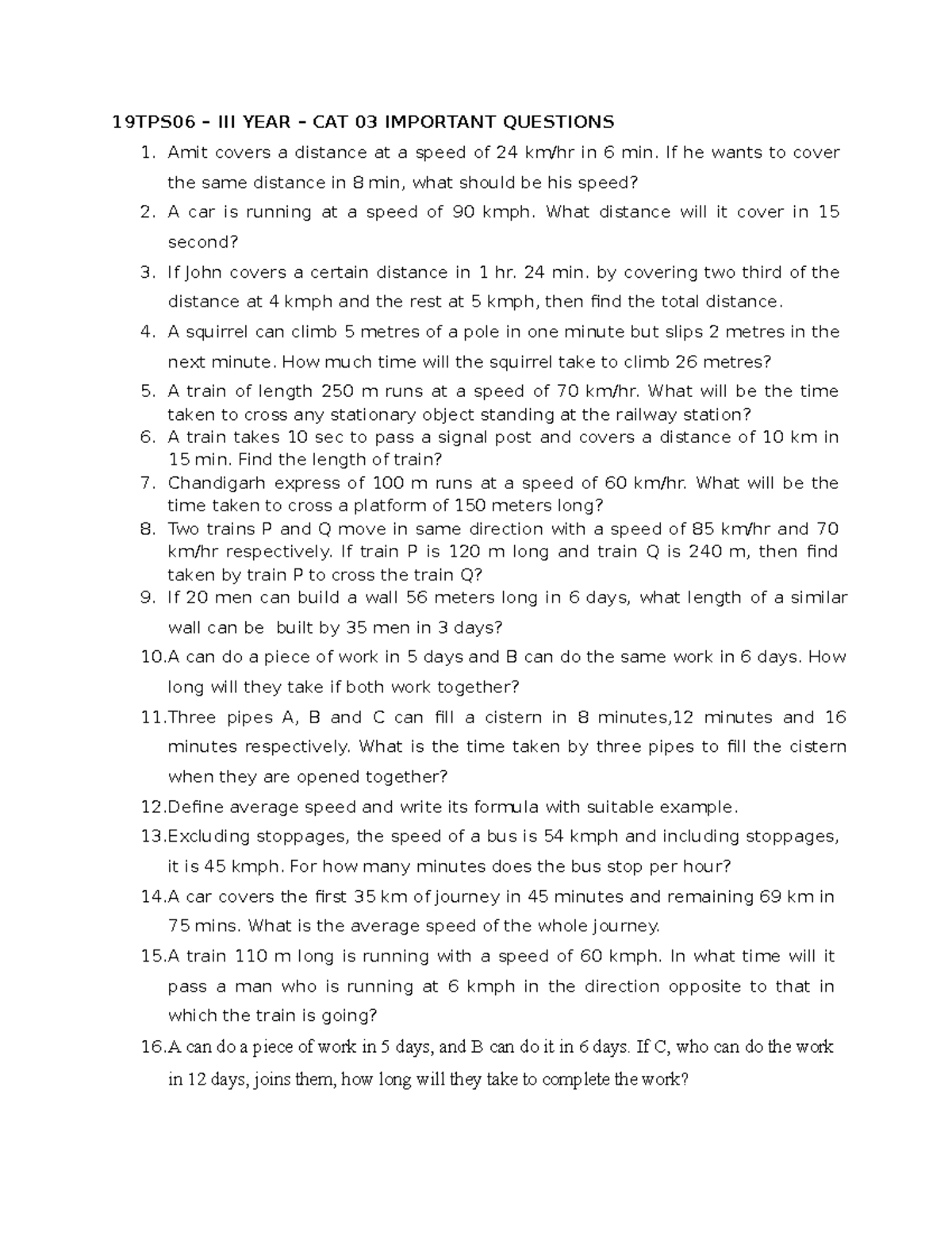CAT 03 - III Year Important Questions - 19TPS06 – III YEAR – CAT 03 ...