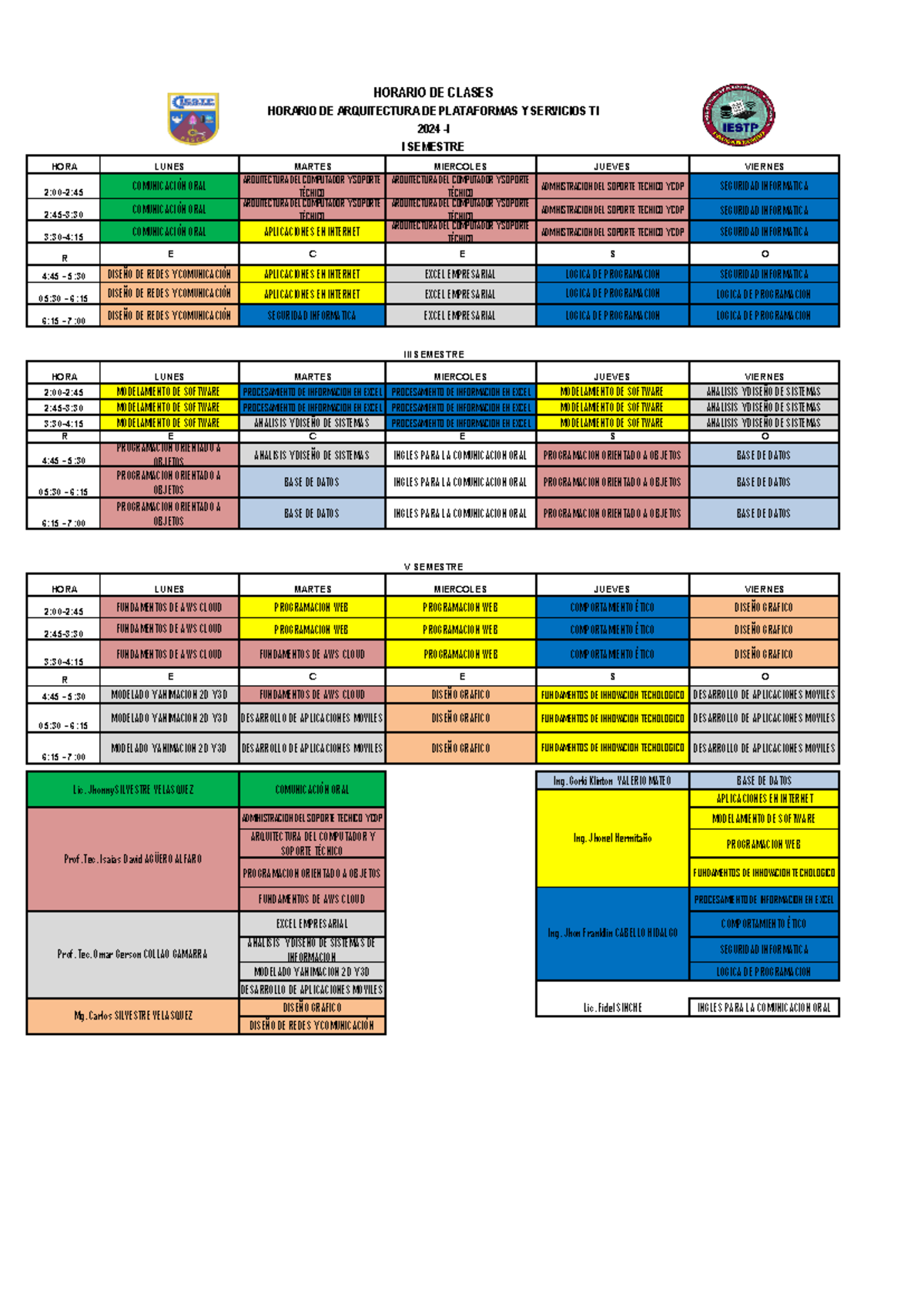 Horario Apsti 2024-I - HORA LUNES MARTES MIERCOLES JUEVES VIERNES 2:00 ...