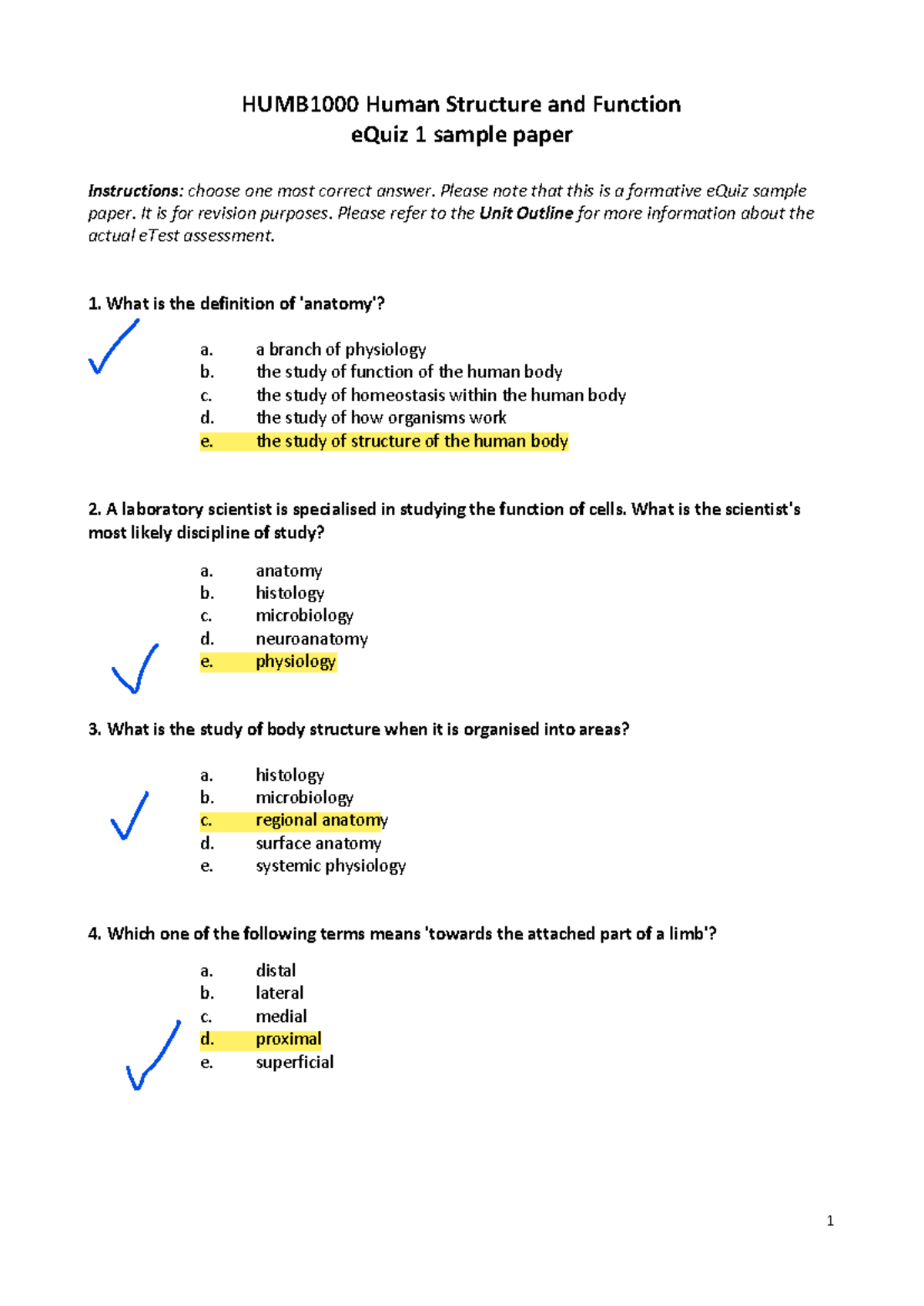 2022 HSF e Test 1 sample paper student - HUMB1000 Human Structure and ...