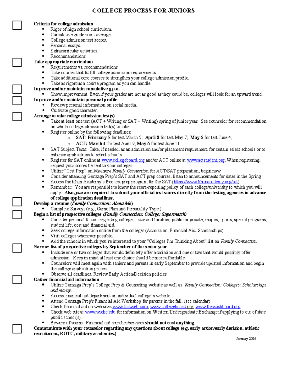 College Process Checklist FOR Juniors SEPT15 (1) 2 - COLLEGE PROCESS ...
