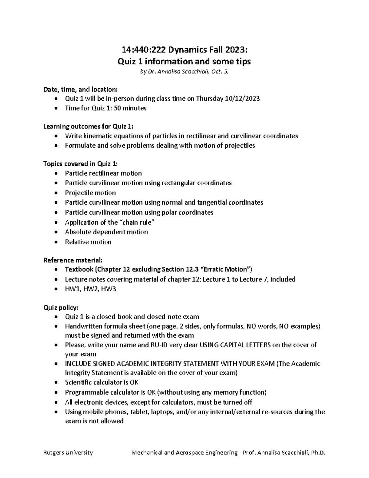 Dynamics-INFO for Quiz 1 Fall 2023 - Rutgers University Mechanical and ...