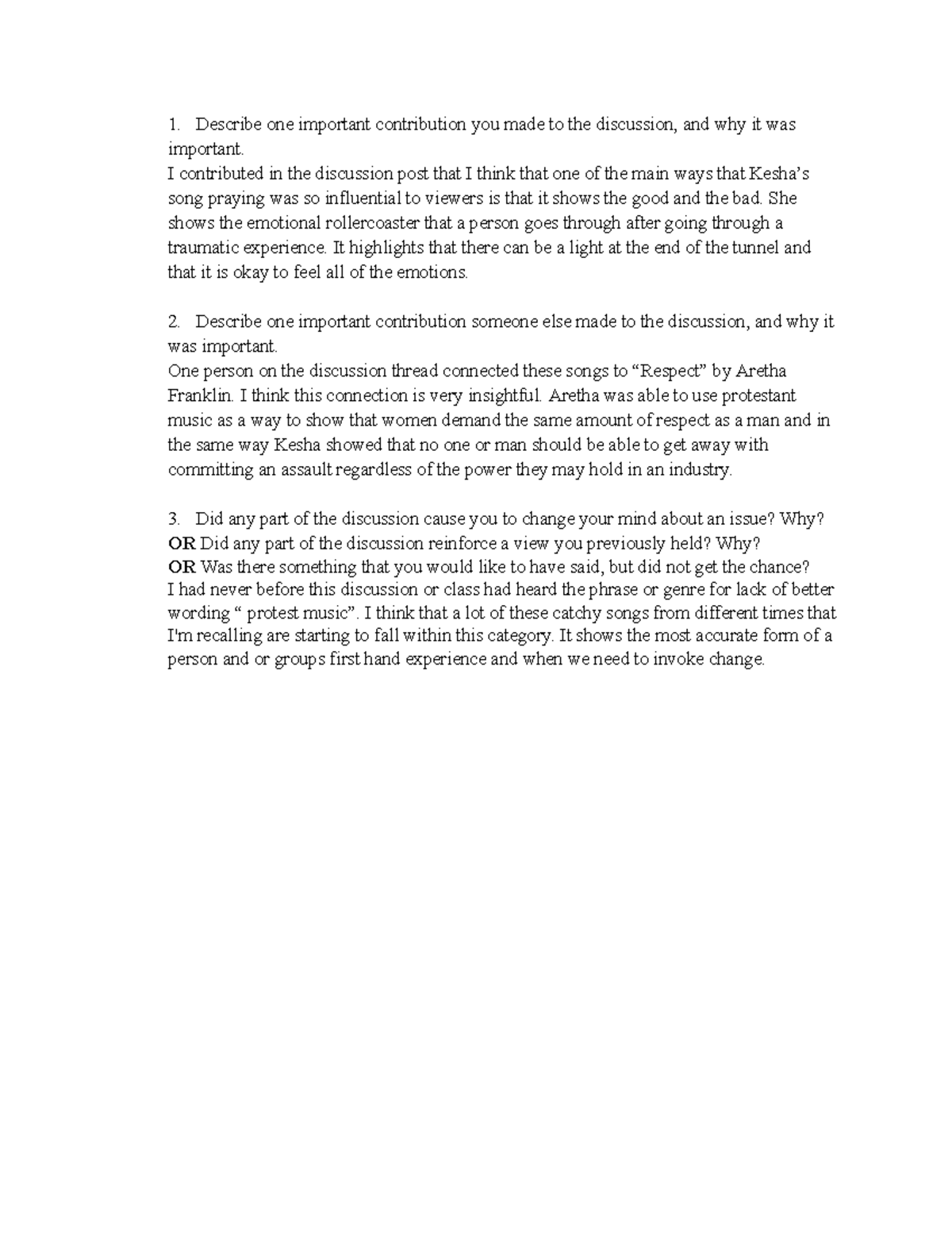 reflection for music - Describe one important contribution you made to ...