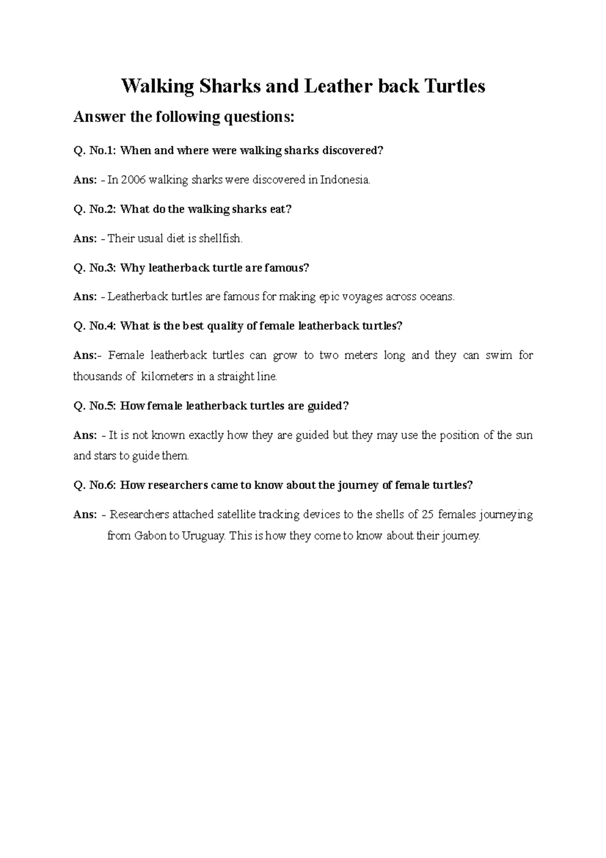 Question Answer - english - Walking Sharks and Leather back Turtles ...
